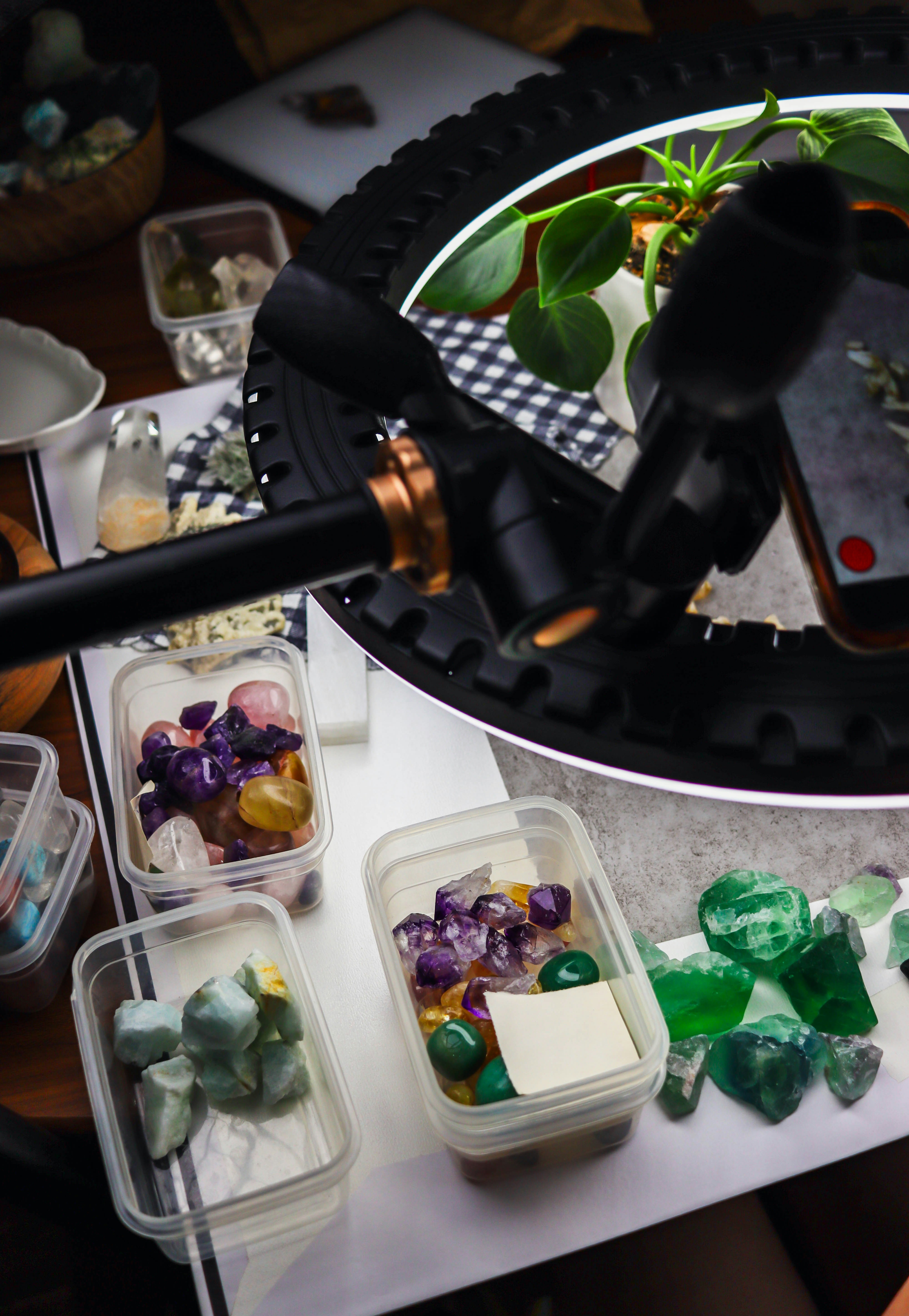 Zoomed Studio Mosaic: Crystals and Gear Under Ring Light