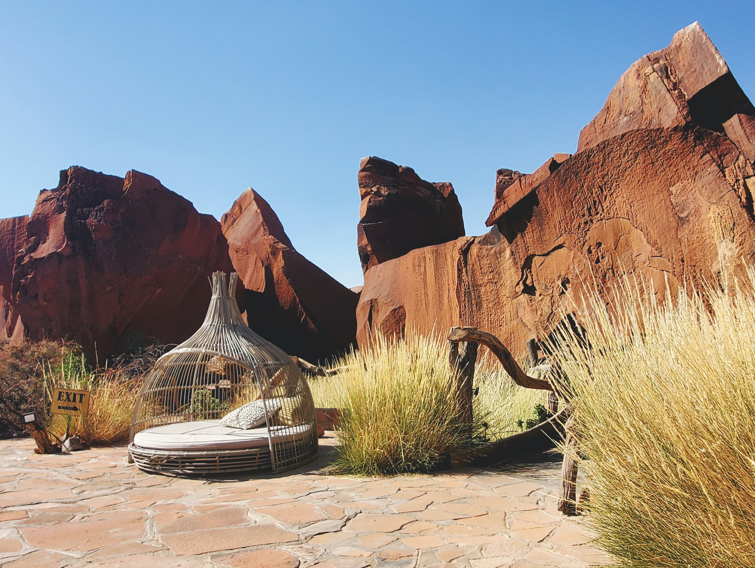 Desert Lounge: Spherical Cage and Cacti Against Red Rock Backdrop