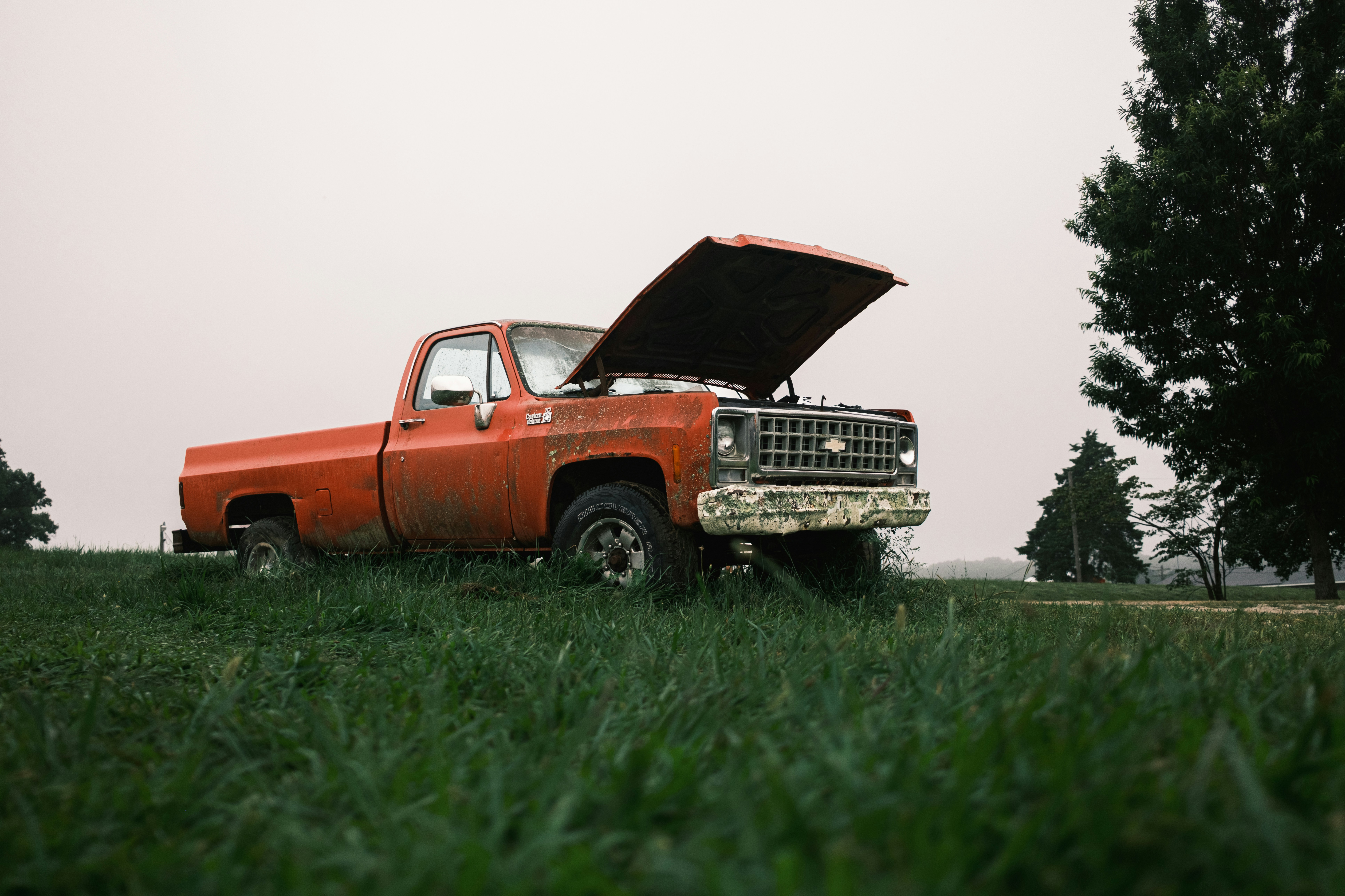 Rusty Red Pickup Resting in a Quiet Field
