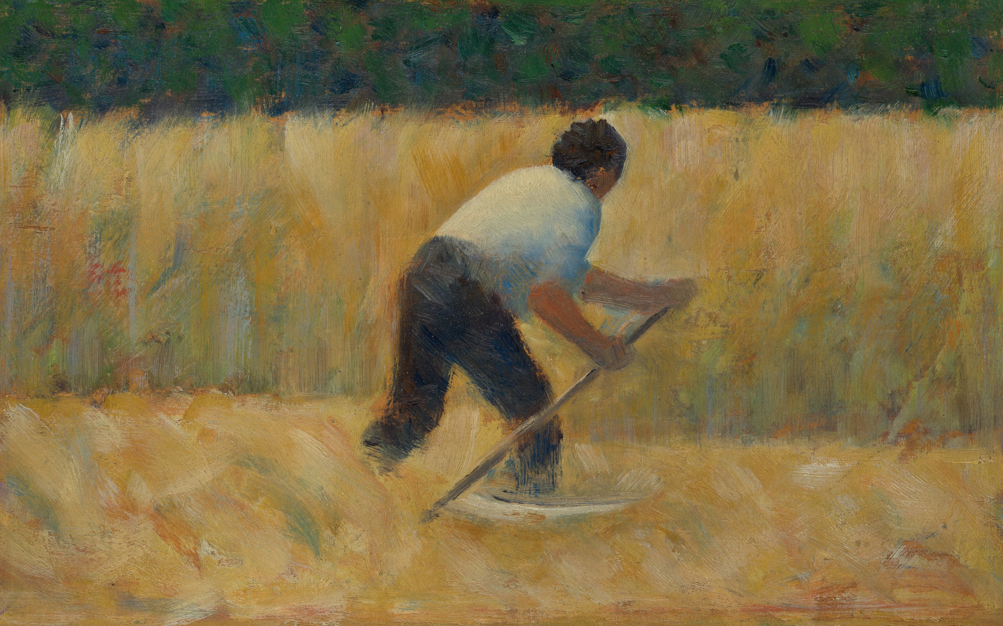 Title: The Mower,Artist: Georges Seurat (French, Paris 1859–1891 Paris),Date: 1881–82,Medium: Oil on wood,Dimensions: 6 1/2 × 9 7/8 in. (16.5 × 25.1 cm),Framed: 14 3/8 × 17 7/8 in. (36.5 × 45.4 cm),Classification: Paintings,Credit Line: Robert Lehman Collection, 1975,Object Number: 1975.1.206,Curatorial Department: The Robert Lehman Collection. http://www.metmuseum.org/art/collection/search/459116