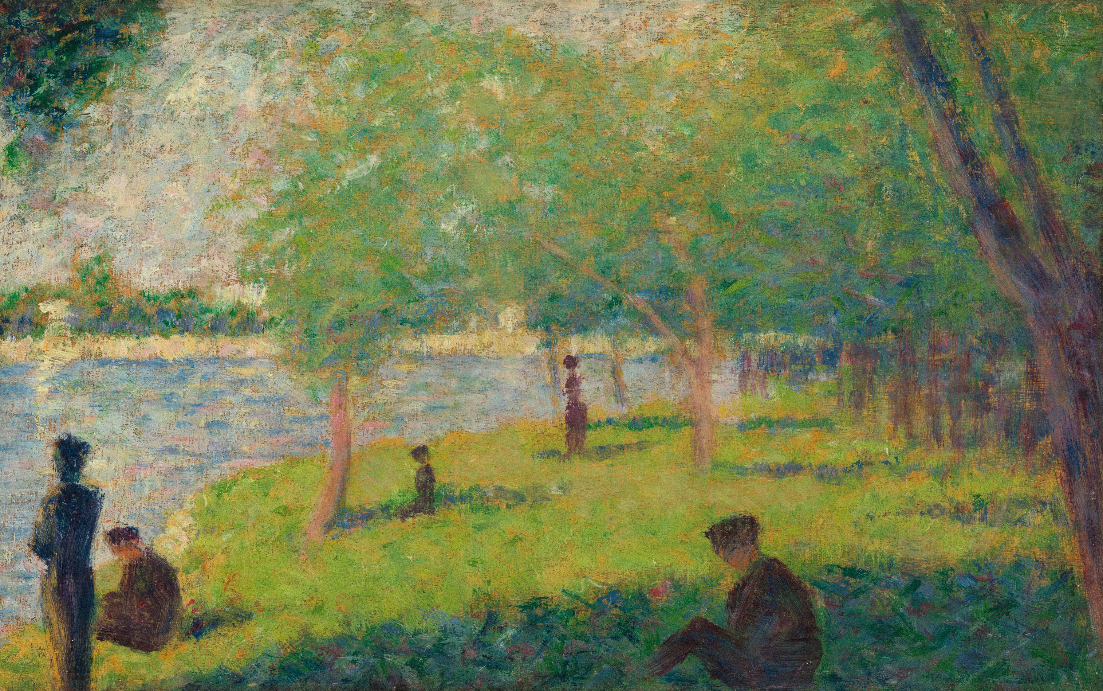 Impressionistic scene of a riverside park with trees, water, and scattered figures rendered in soft, painterly strokes. The image emphasizes mood and light over detail, suggesting a tranquil outdoor moment.