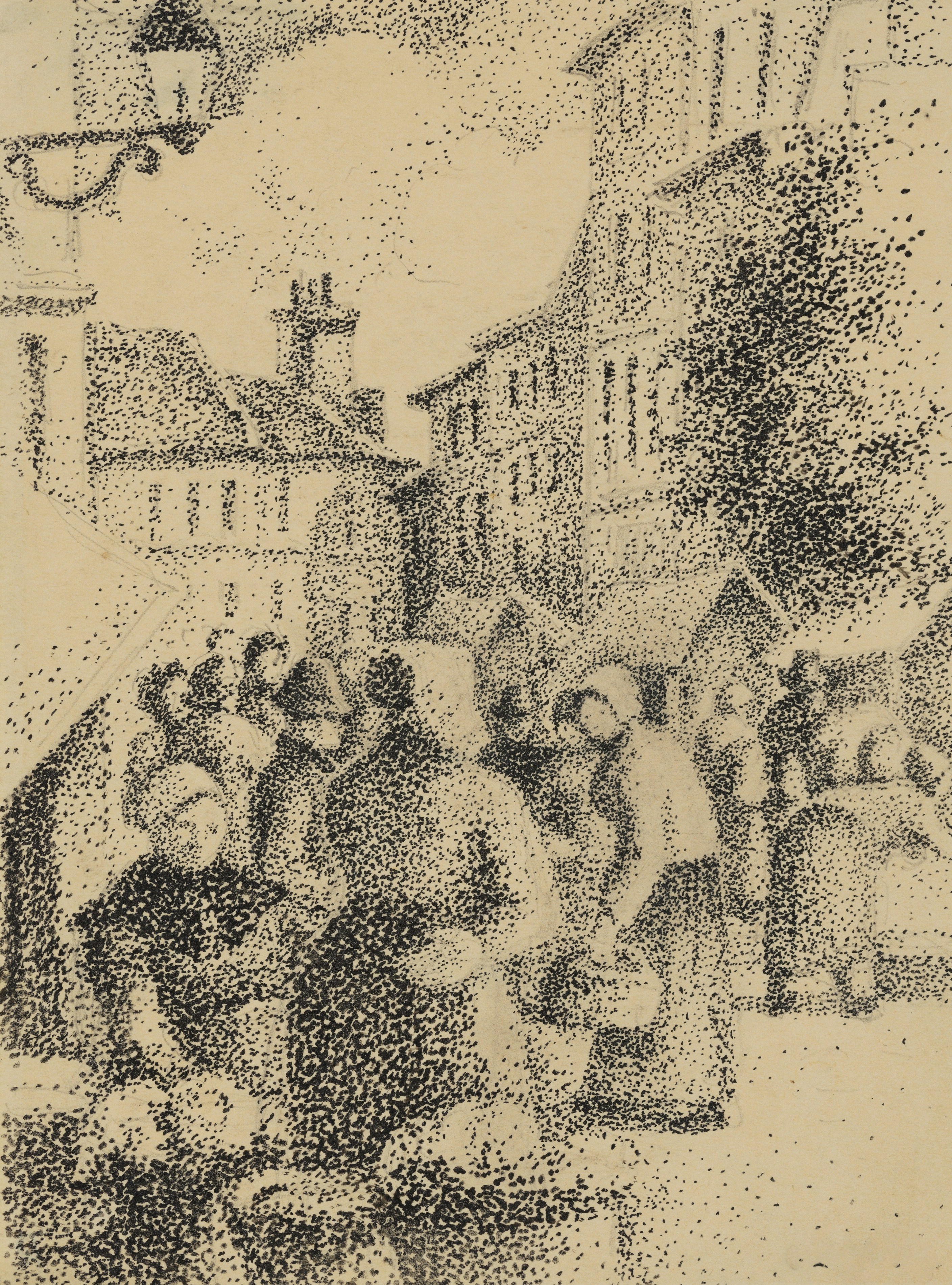 Pointillist crowd scene in a historic town square with houses and lampposts in the background. Illustration rendering with stippled texture.