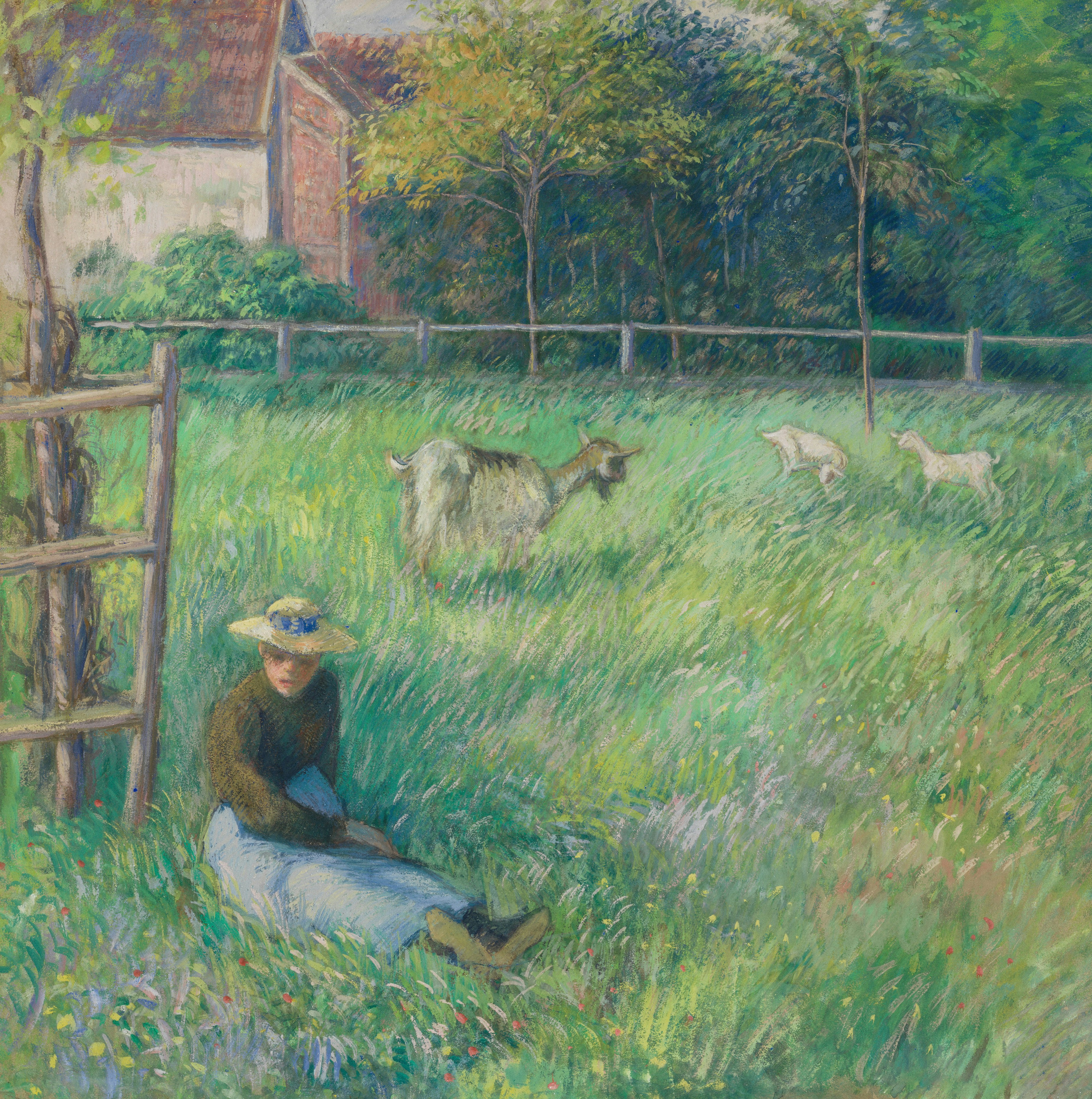 Pastoral scene of a seated figure in a sunlit meadow with grazing sheep in the distance; a rustic fence and trees frame the composition, suggesting a rural landscape painting.