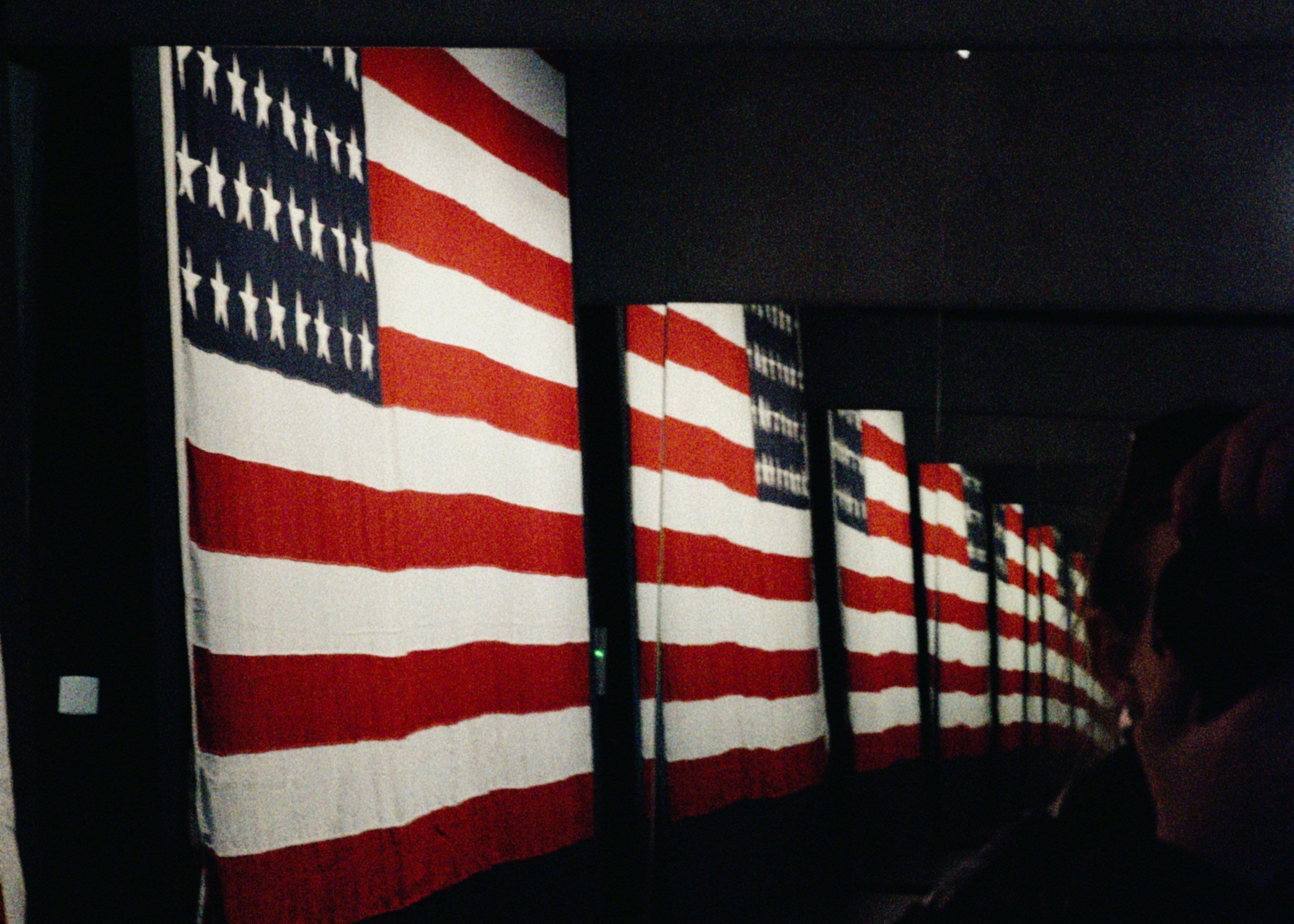 Echoes of Liberty: Flags marching down the dim corridor