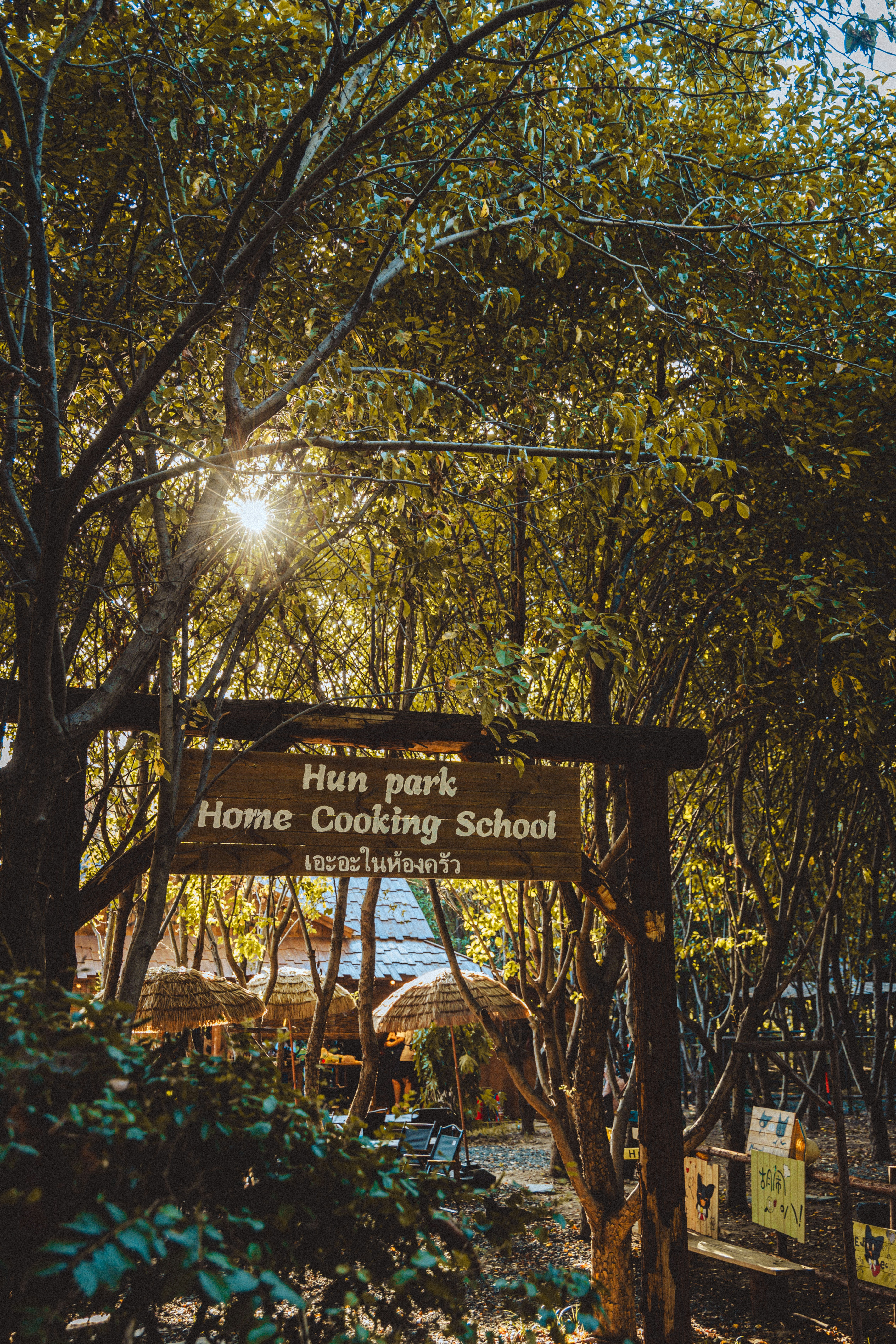 Sun-dappled park entrance with a wooden sign for Hun Park Home Cooking School under a canopy of trees; rustic huts and chairs peek through the foliage.