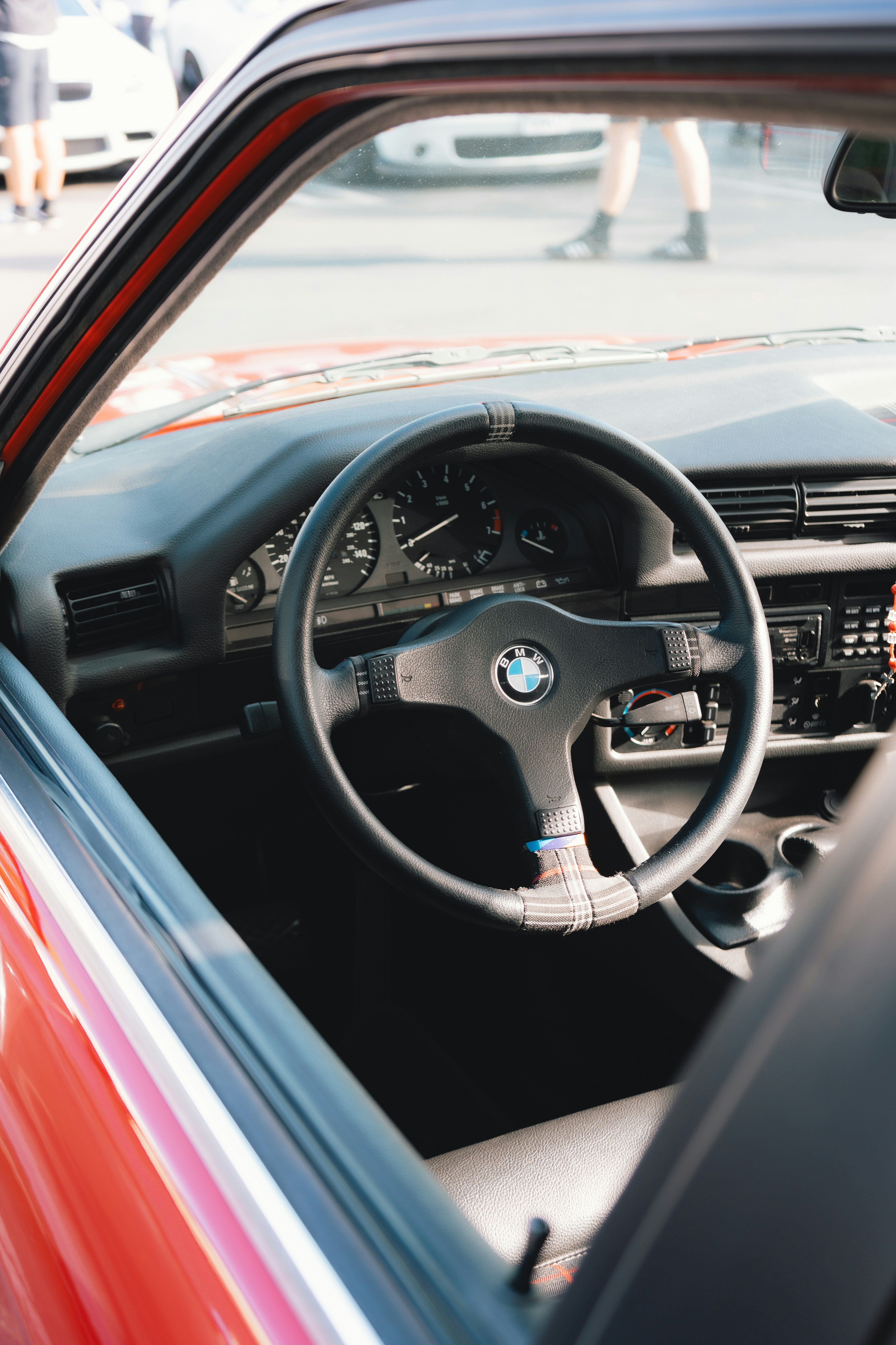 Rear-View of a Classic BMW Cockpit: Steering Wheel and Dash in Focus