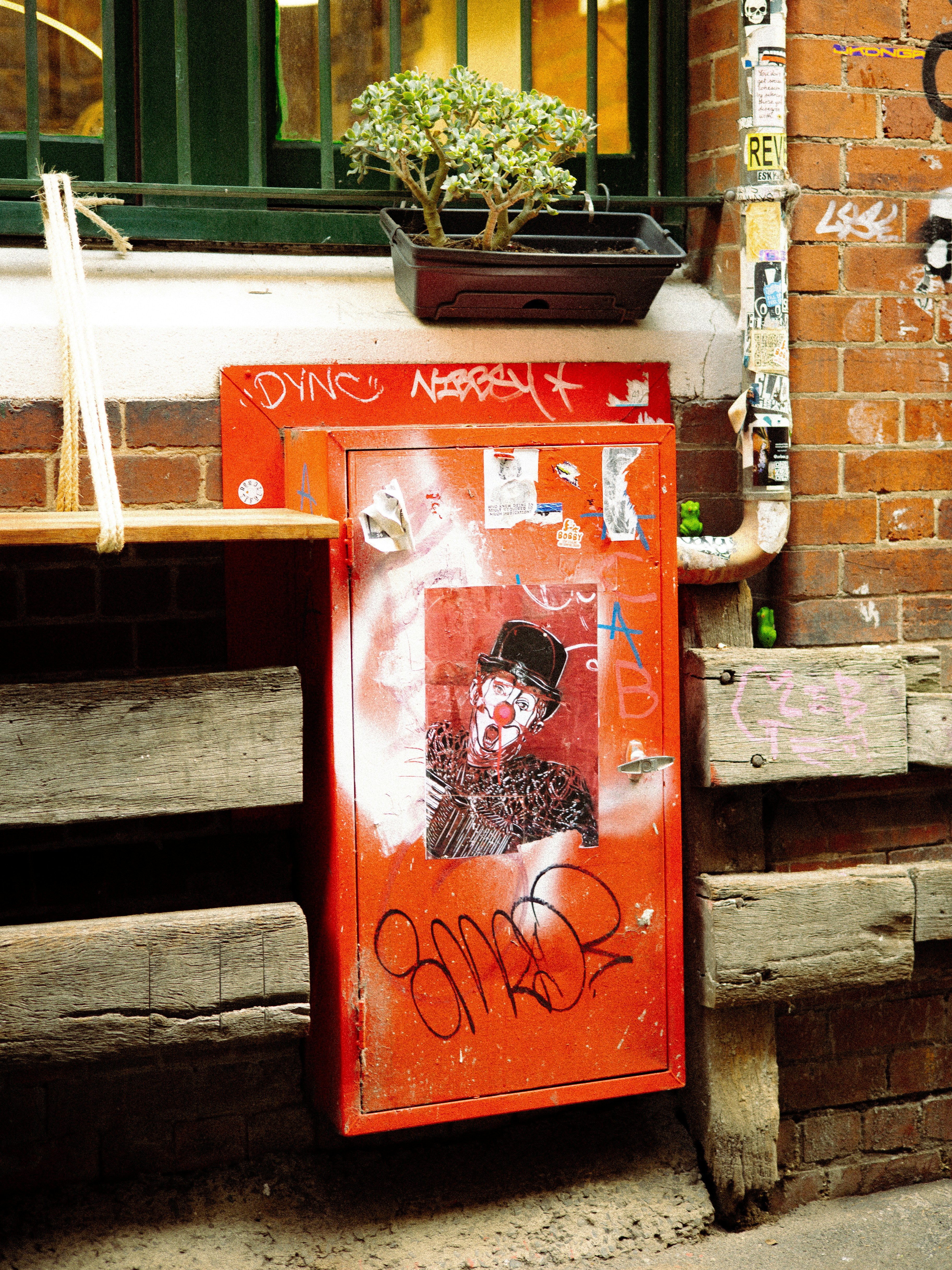 Red Utility Door Adorned with Graffiti and a Mini Bonsai