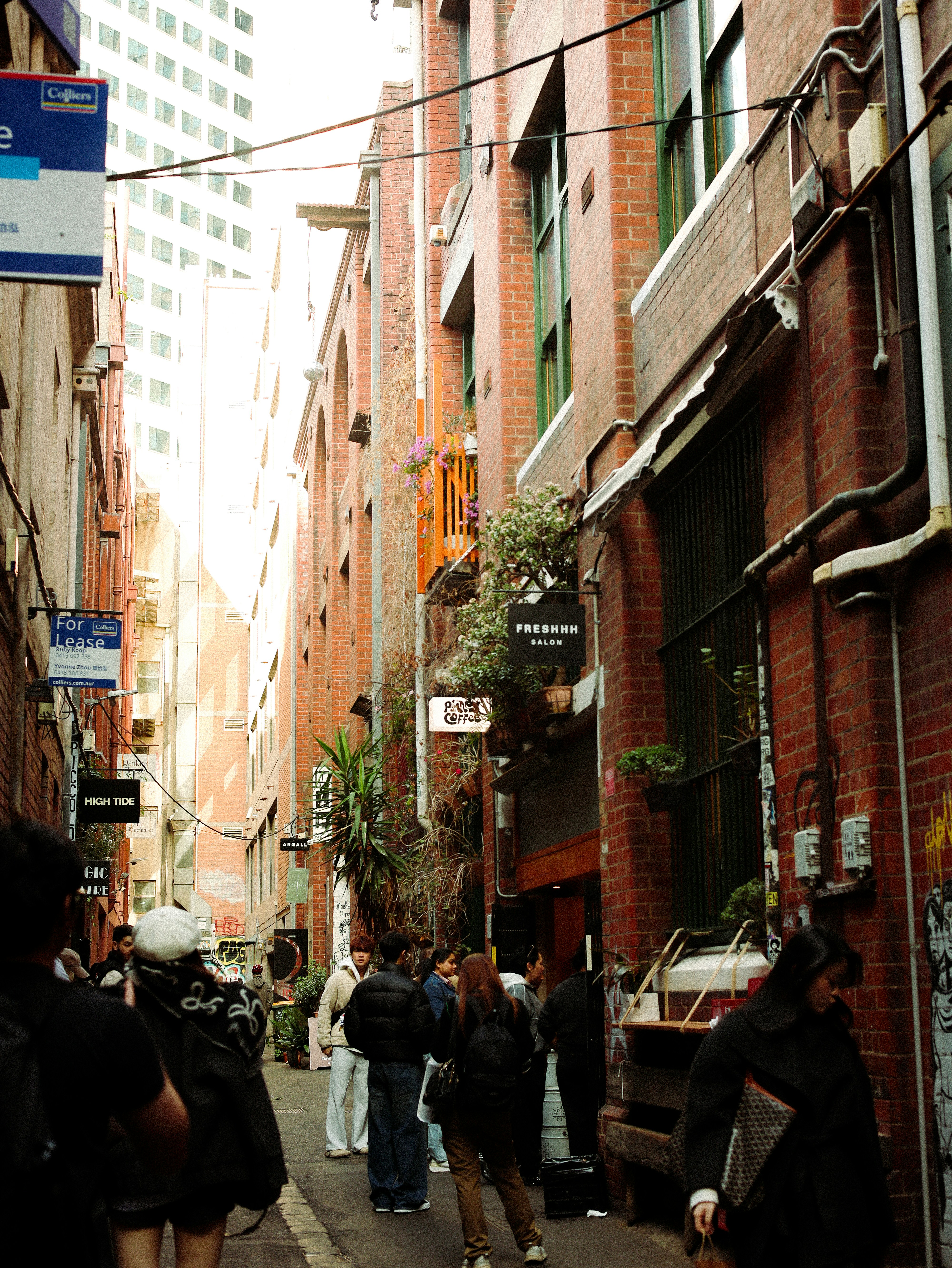 Narrow Alley Echoes: Brick Facades, Cable Lines, and Distant Pedestrians