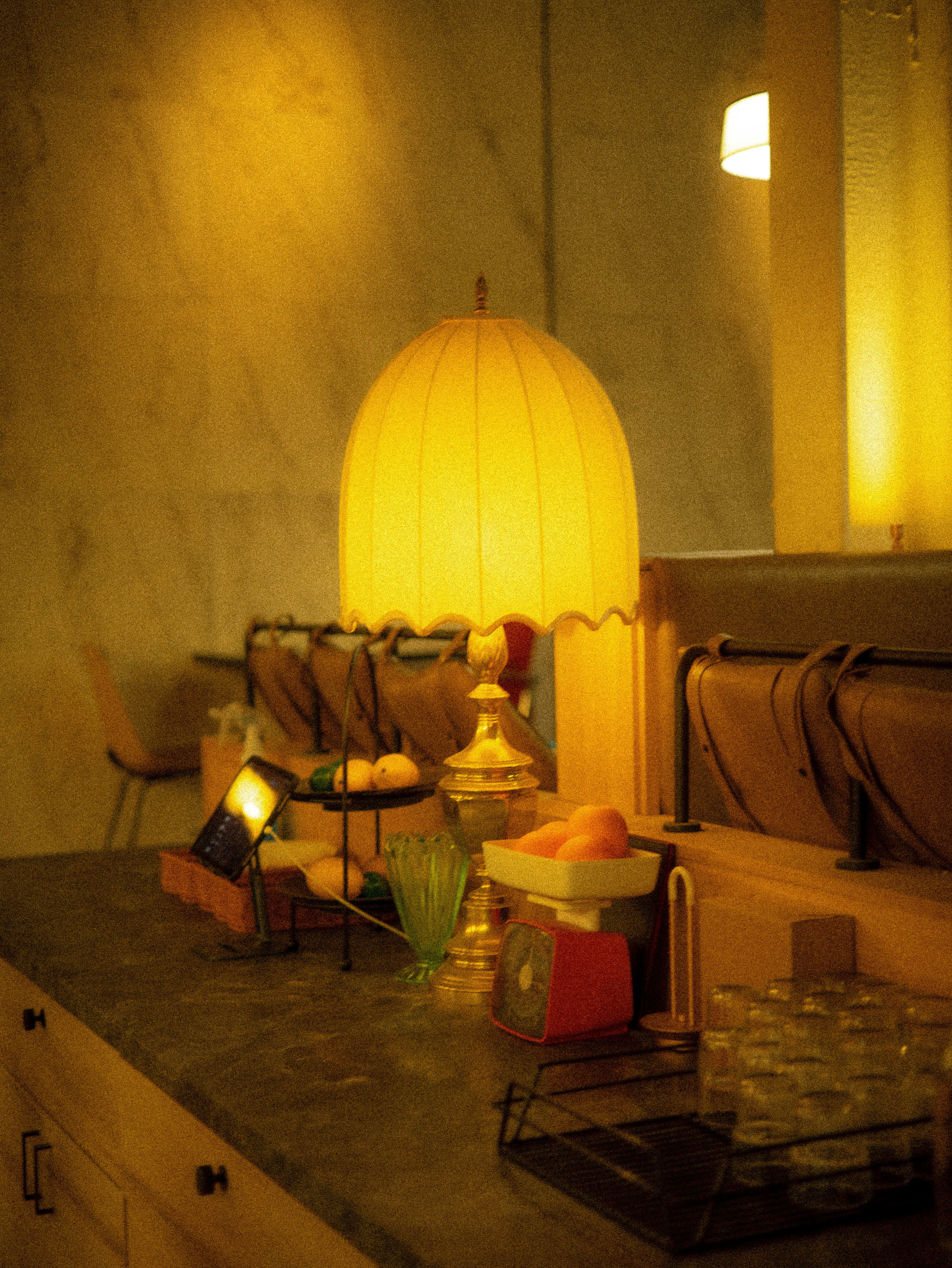 Amber Glow Behind the Bar: A Cozy Buffet Station with a Vintage Lamp