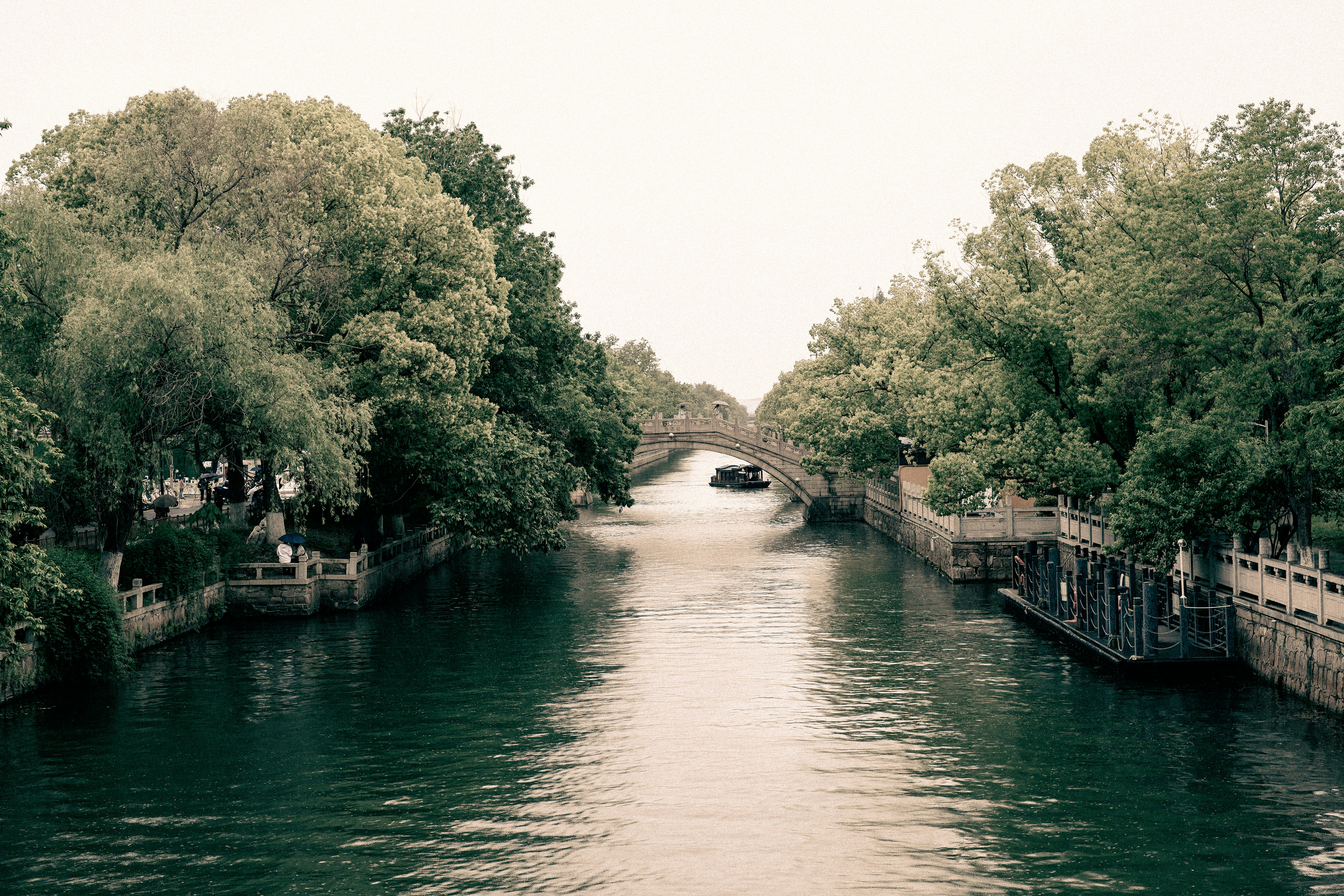 A Quiet Canal Carriage Beneath a Green Arch