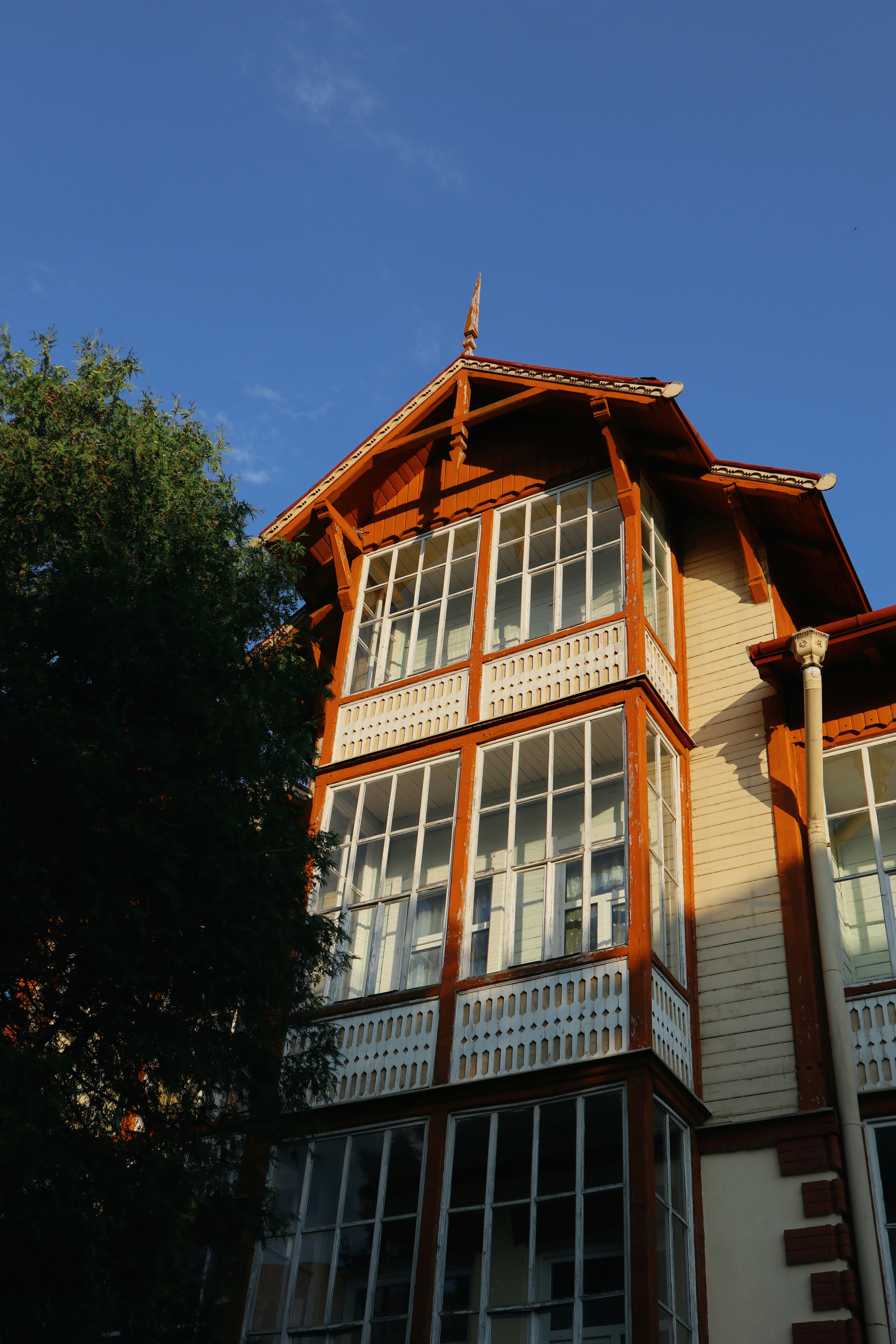 Sunlit Glass and Timber: A Victorian-Style Facade Reaching Toward the Sky