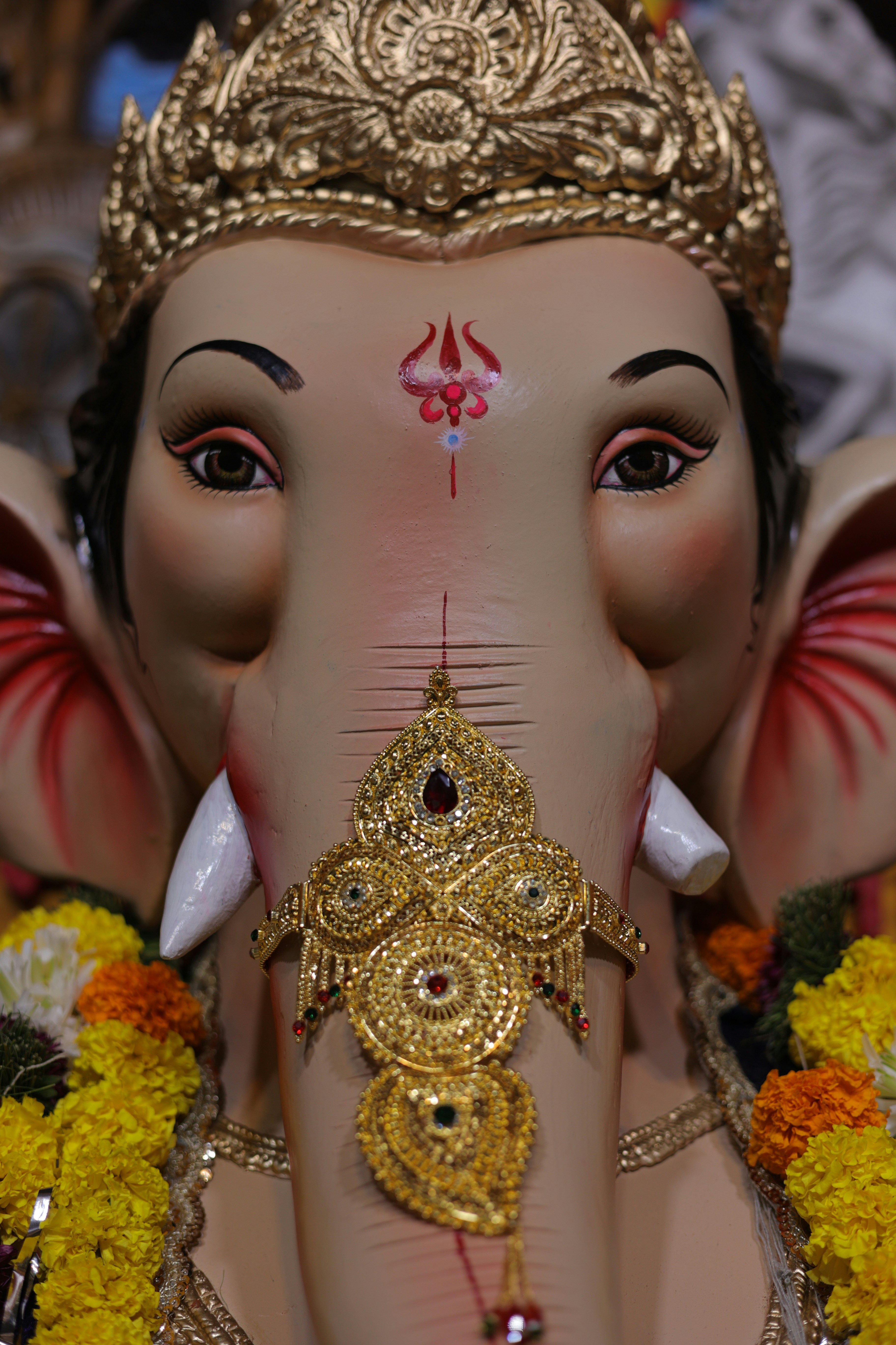 Divine Gaze: Close-Up of Ganesh Adorned in Gold and Marigold