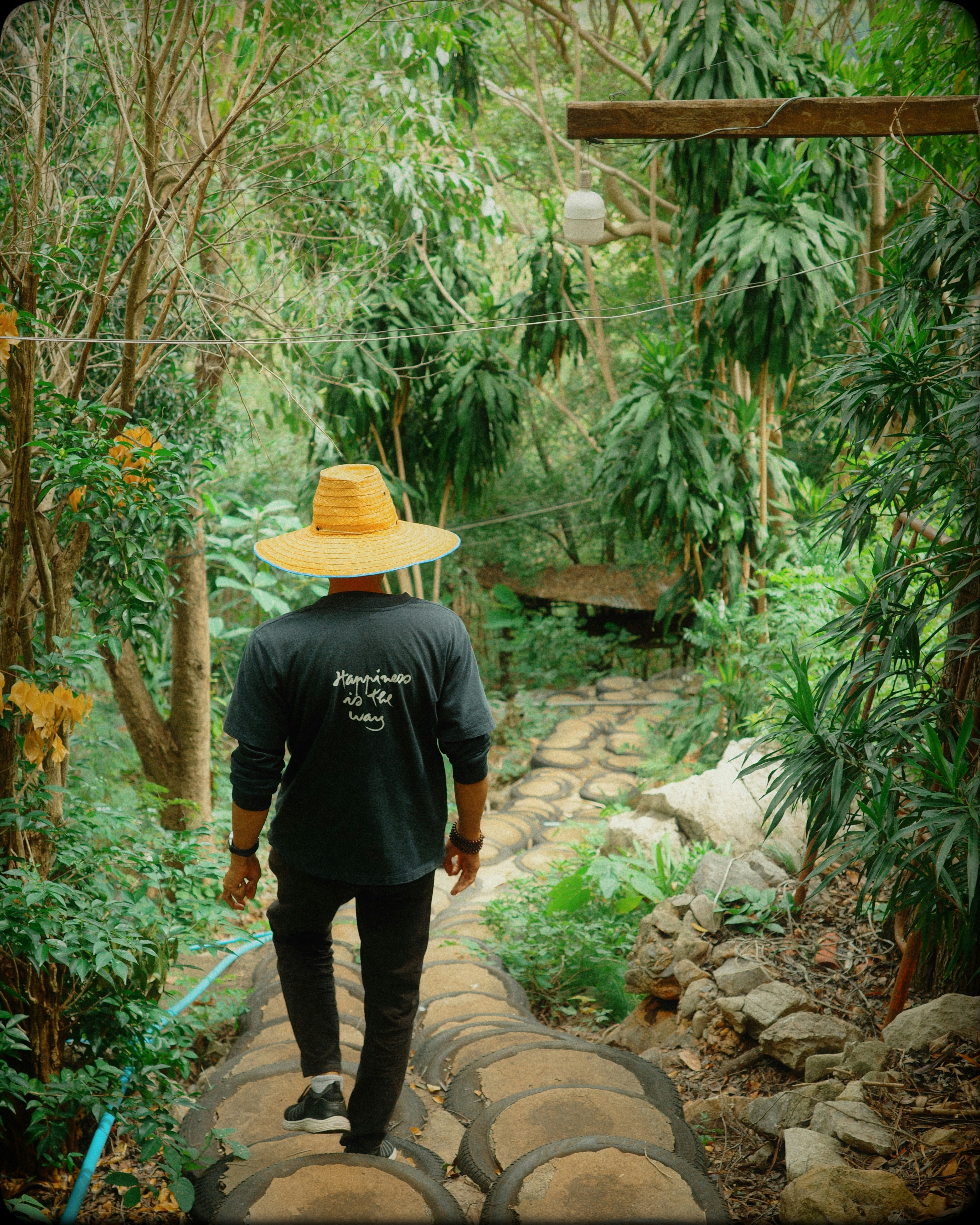 Pathway Through a Green Corridor: Wanderer in a Straw Hat