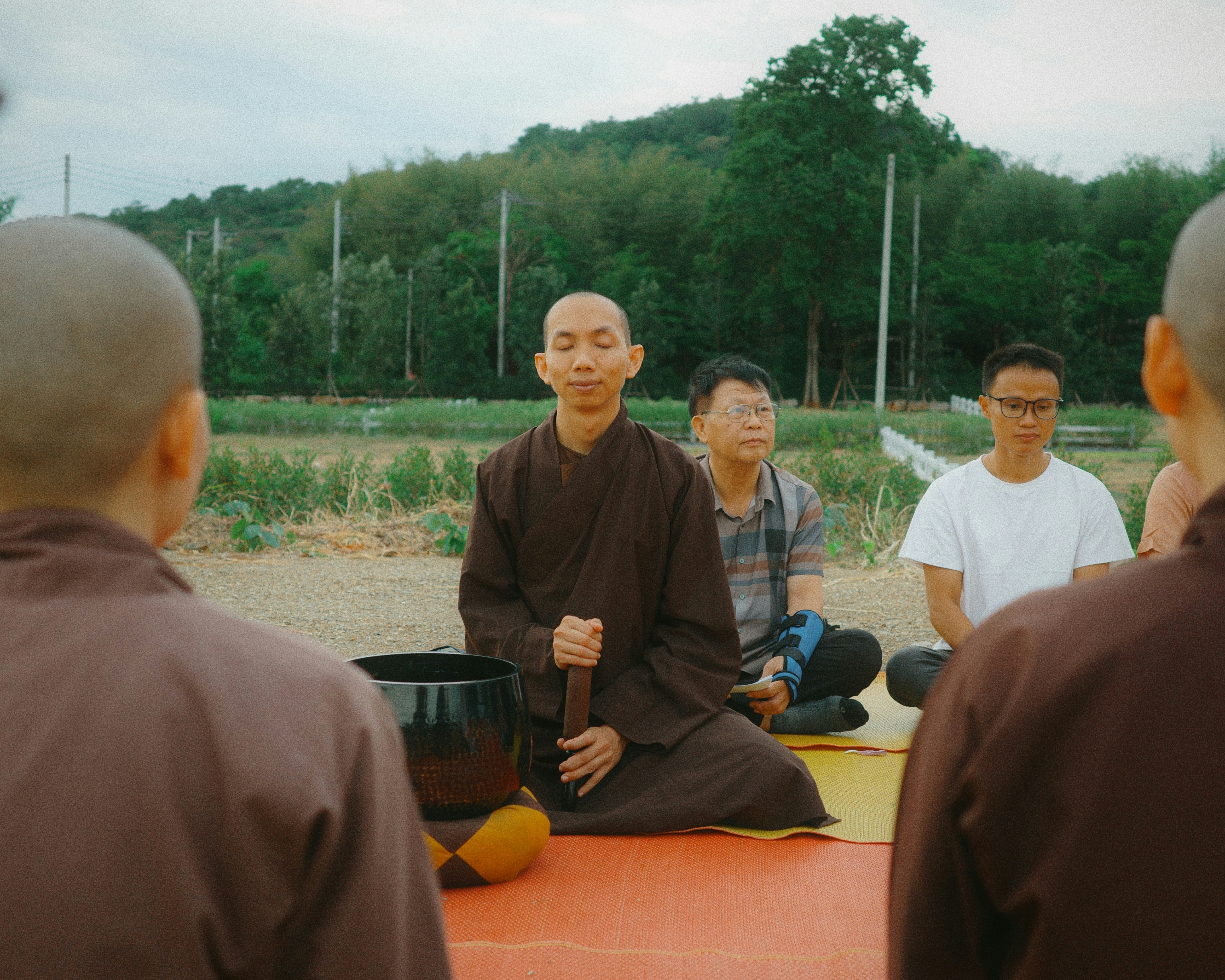 Meditation Circle: Monks in Quiet Focus on a Meadow