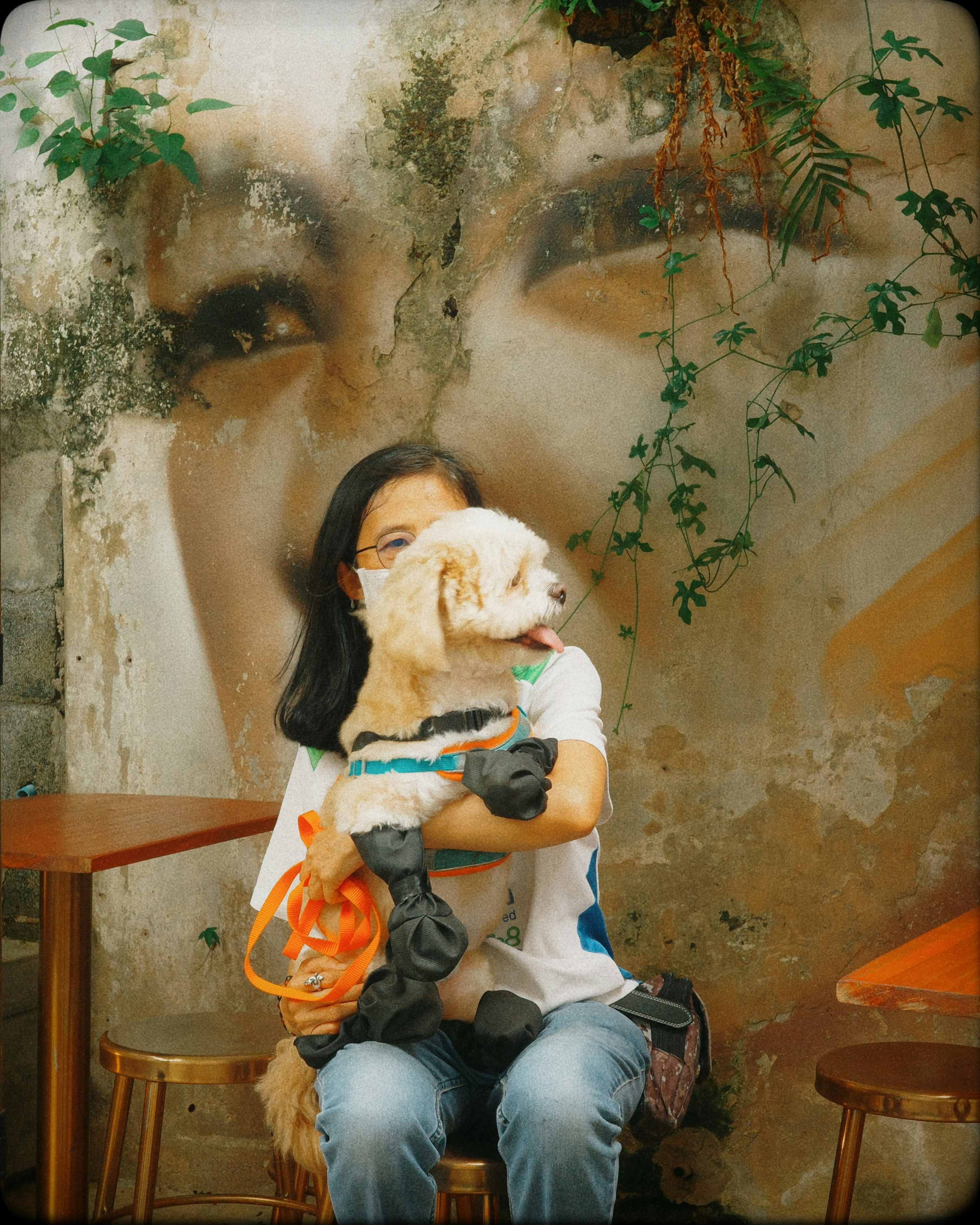 Tender Pause: Woman and Dog Share a Quiet Moment in a Sunlit Courtyard