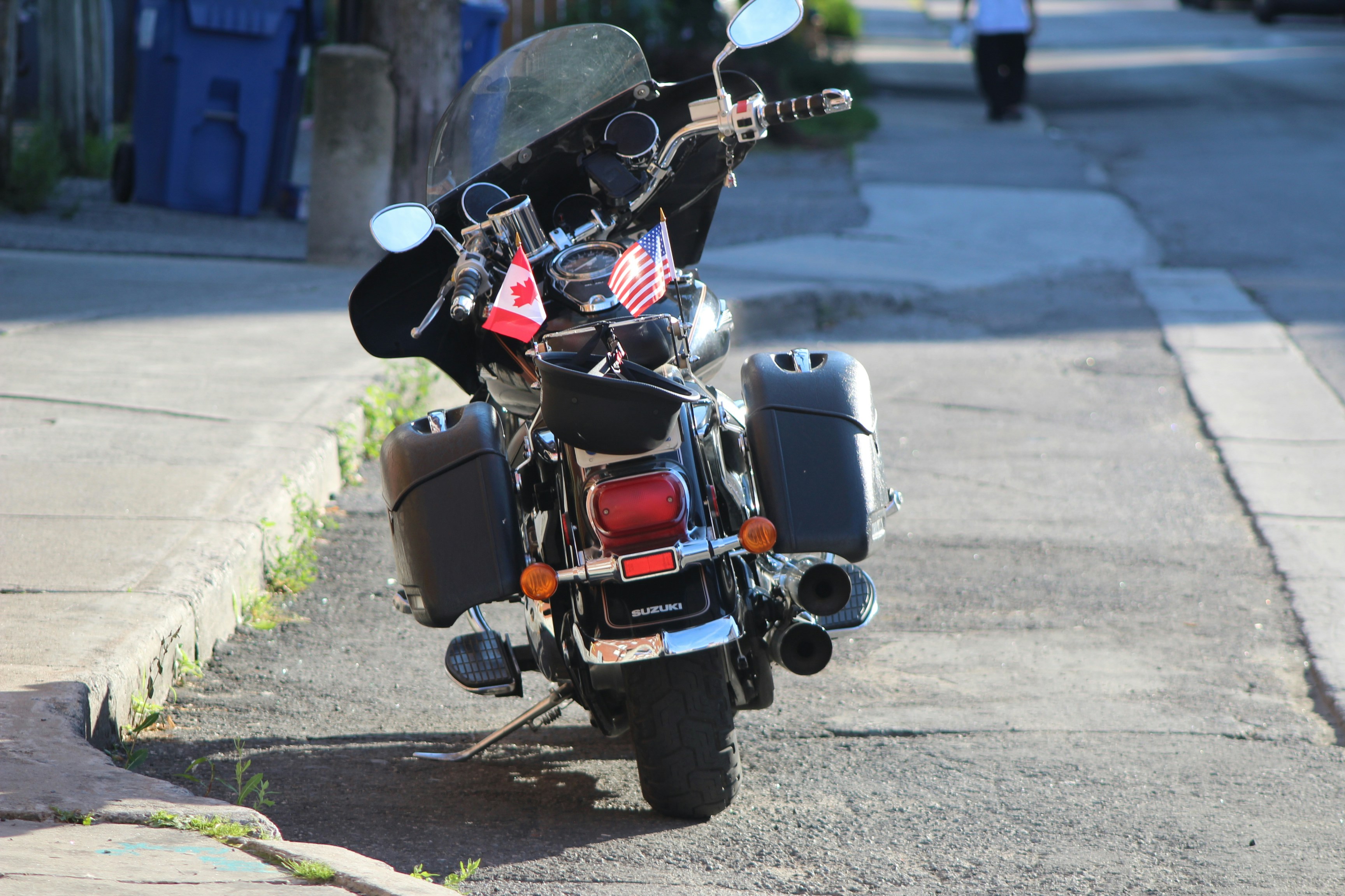 Patriotic Ride: A Back‑f view of a Flag‑draped Touring Bike