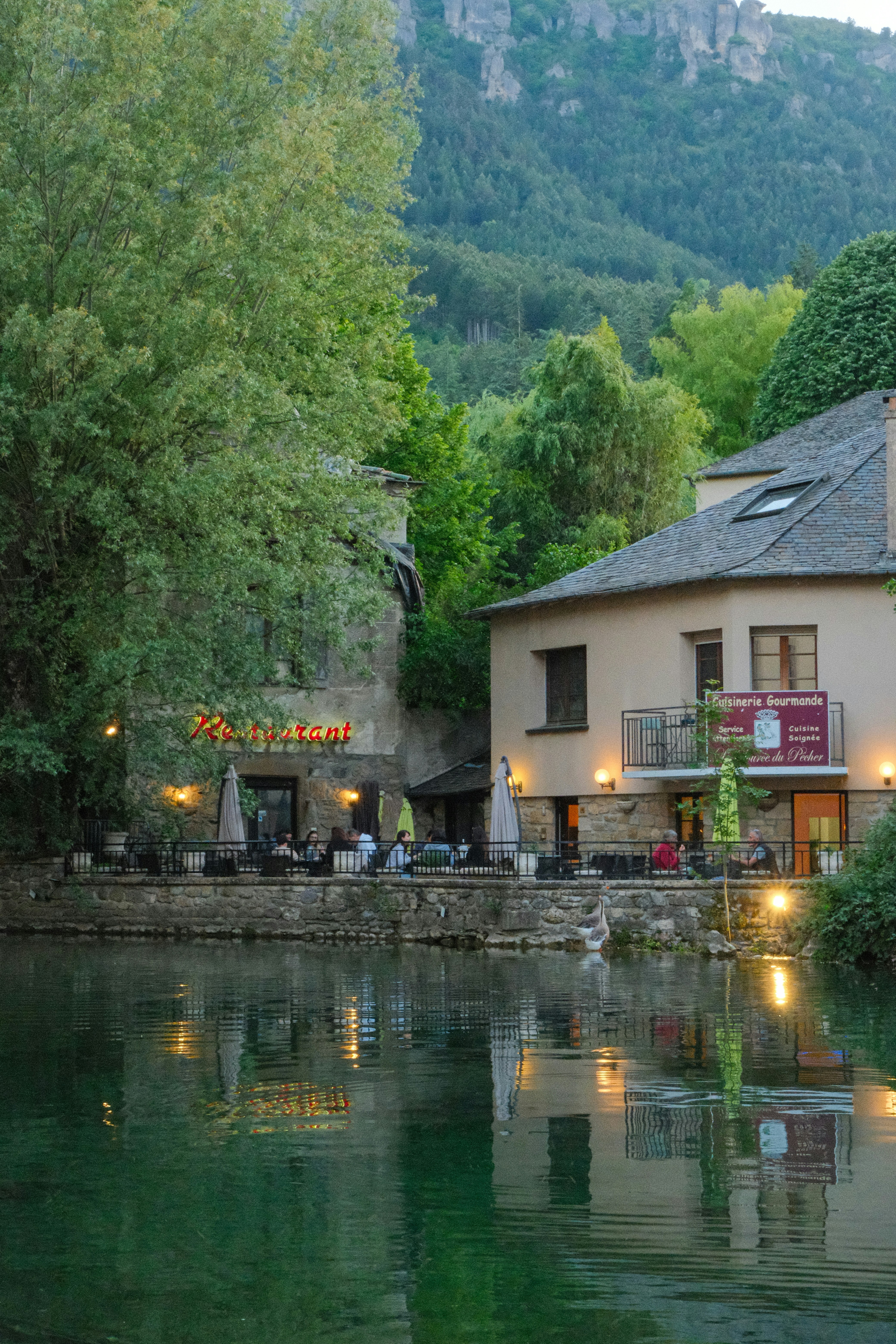 Charming riverside terrace under a canopy of green
