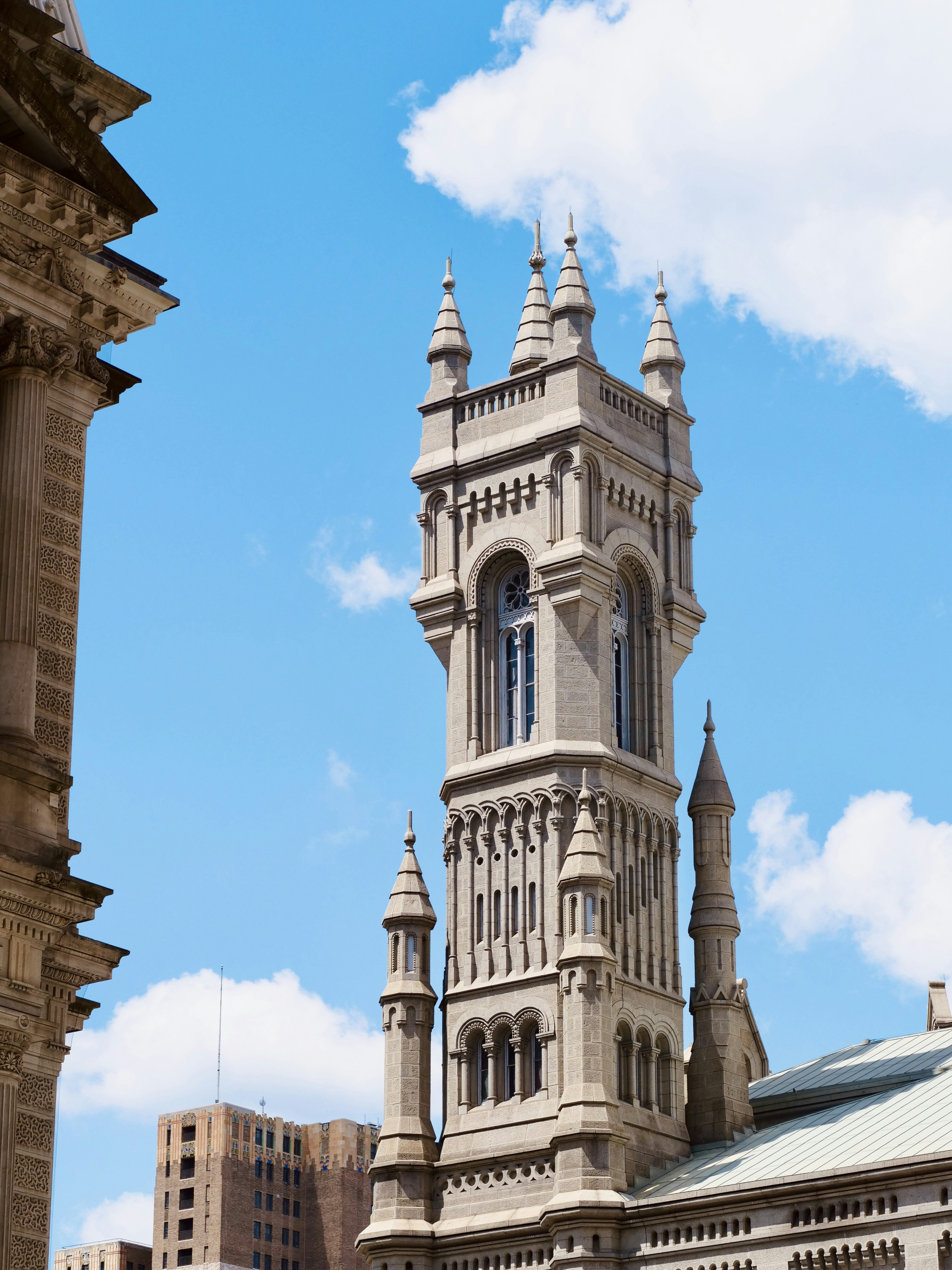 Towering Detail: Gothic spires against a crisp urban sky