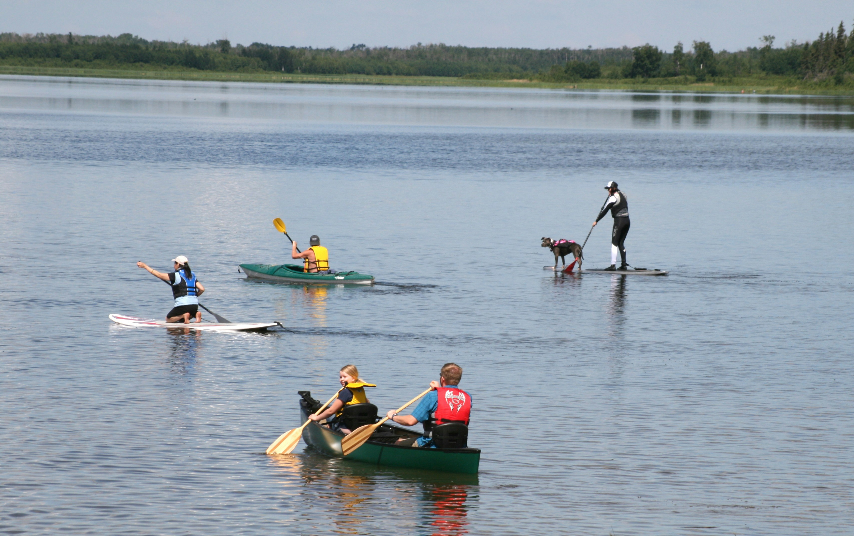Paddlers and a lone stand-up paddler guide a tranquil lake