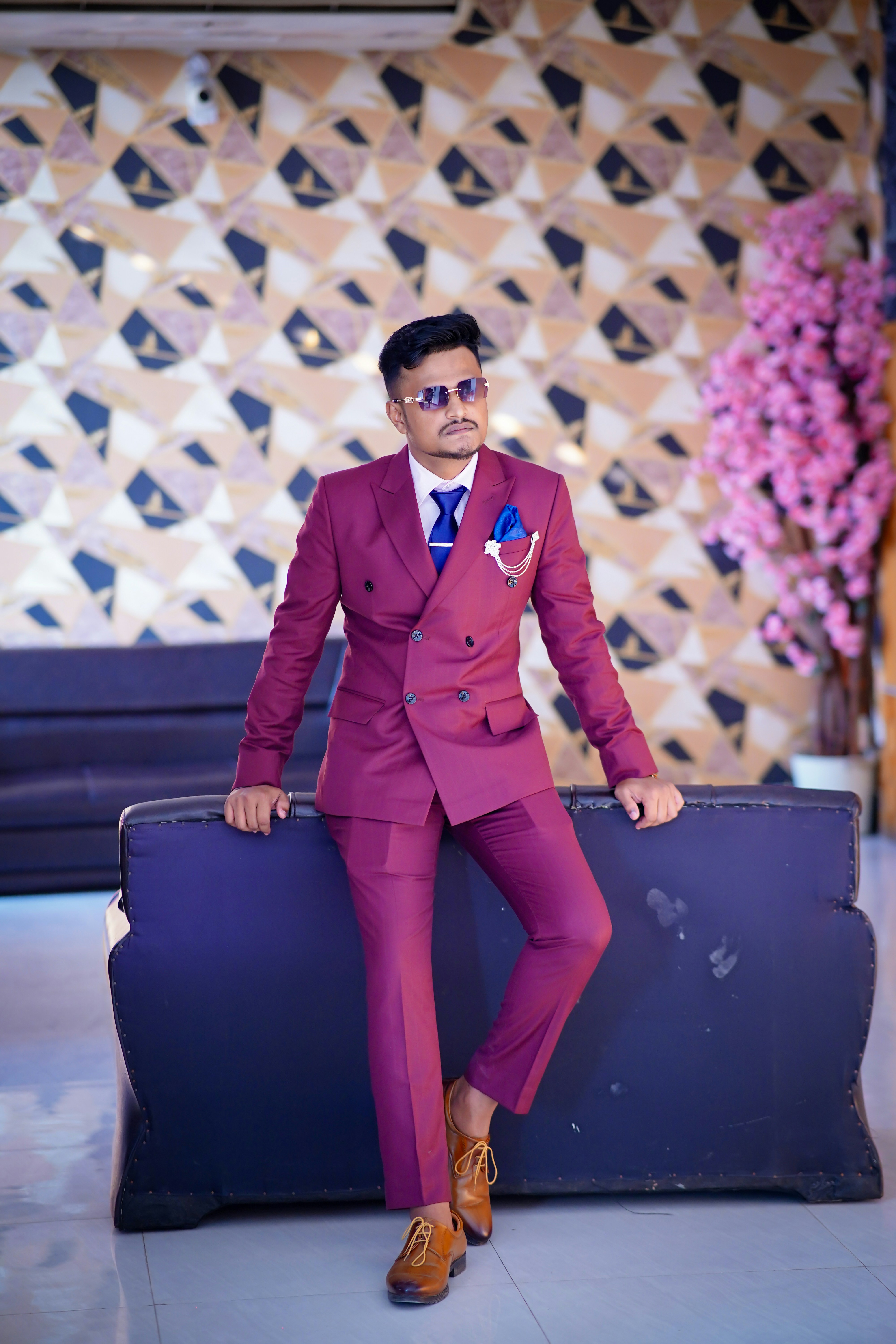  Crimson Suit, Sharp Silhouette: A Modern Groom in a Burgundy Double-Breasted Moment
