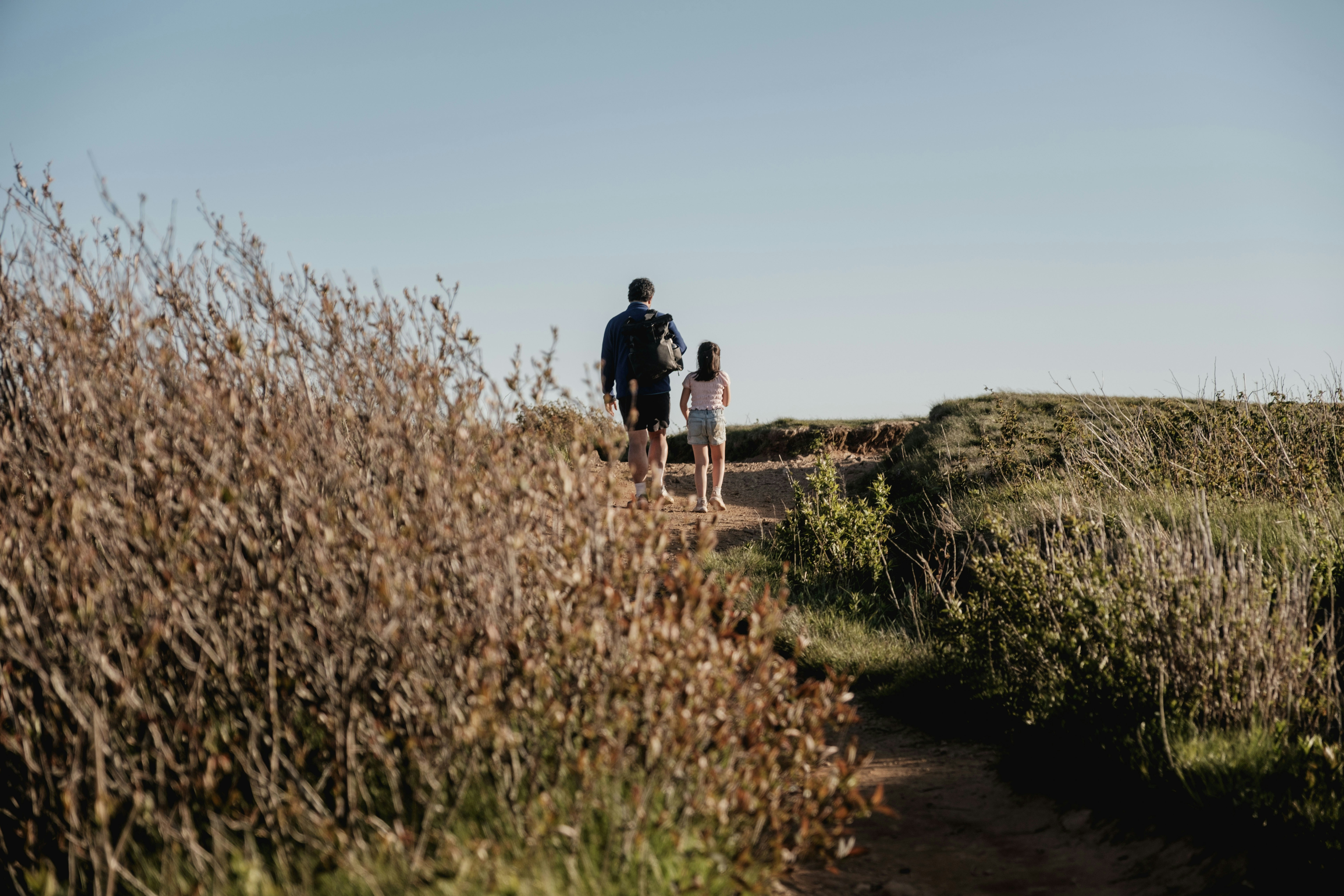 Two hikers on a sunlit trail between shrub-filled banks