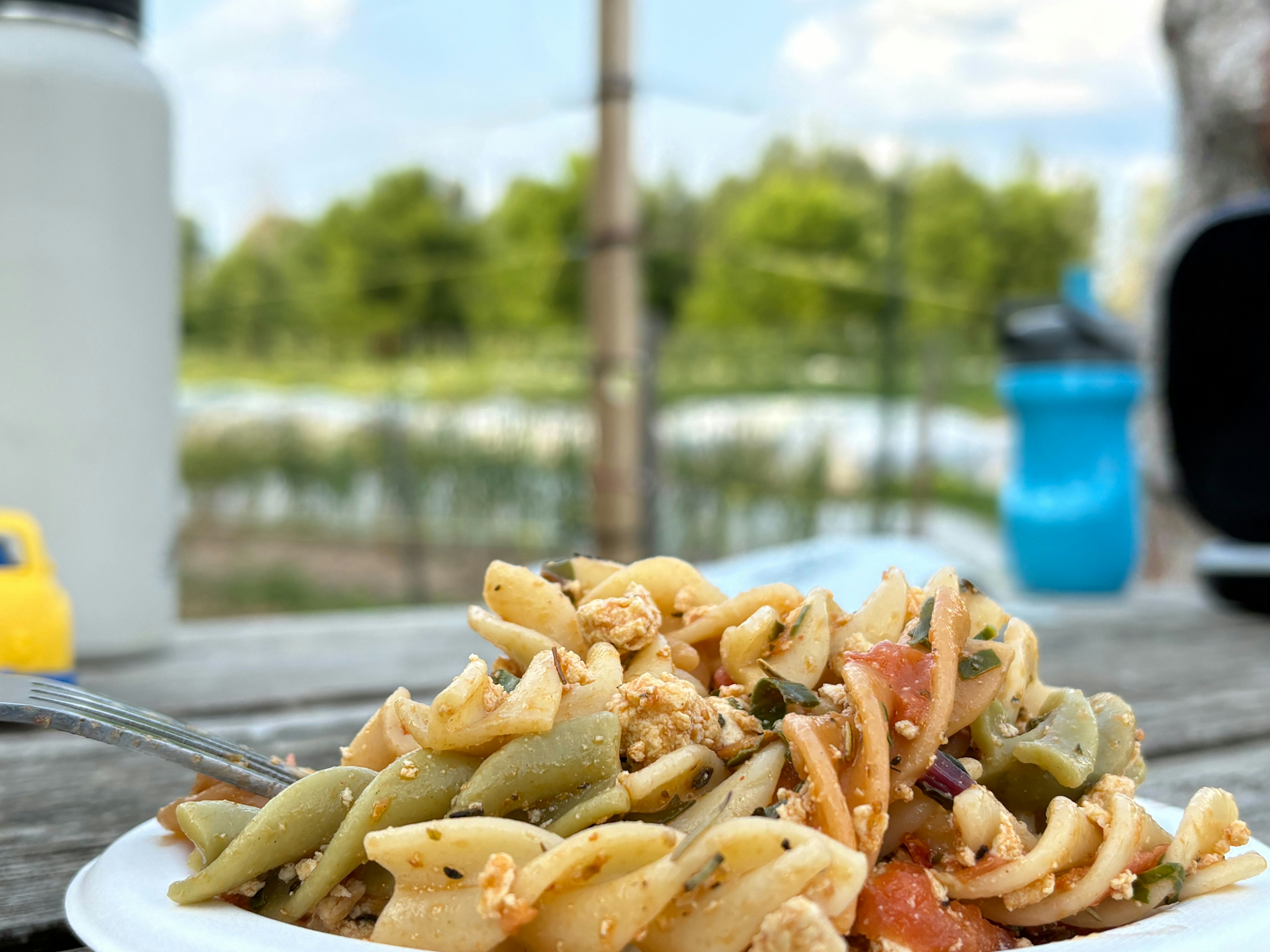 Pasta Medley on a Rustic Picnic Table