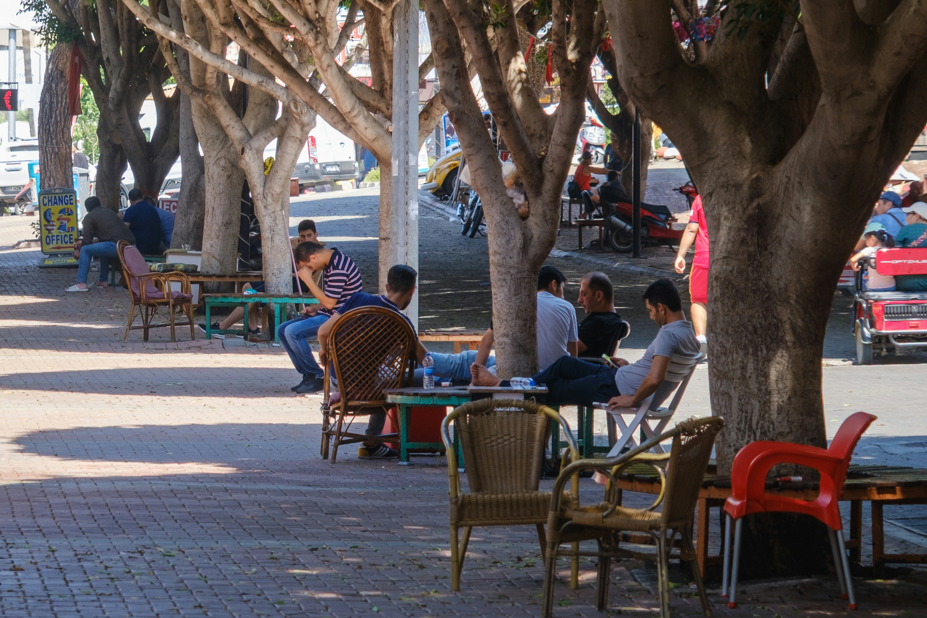 Shaded Cafe Day: A Quiet Terrace Under Dappled Light