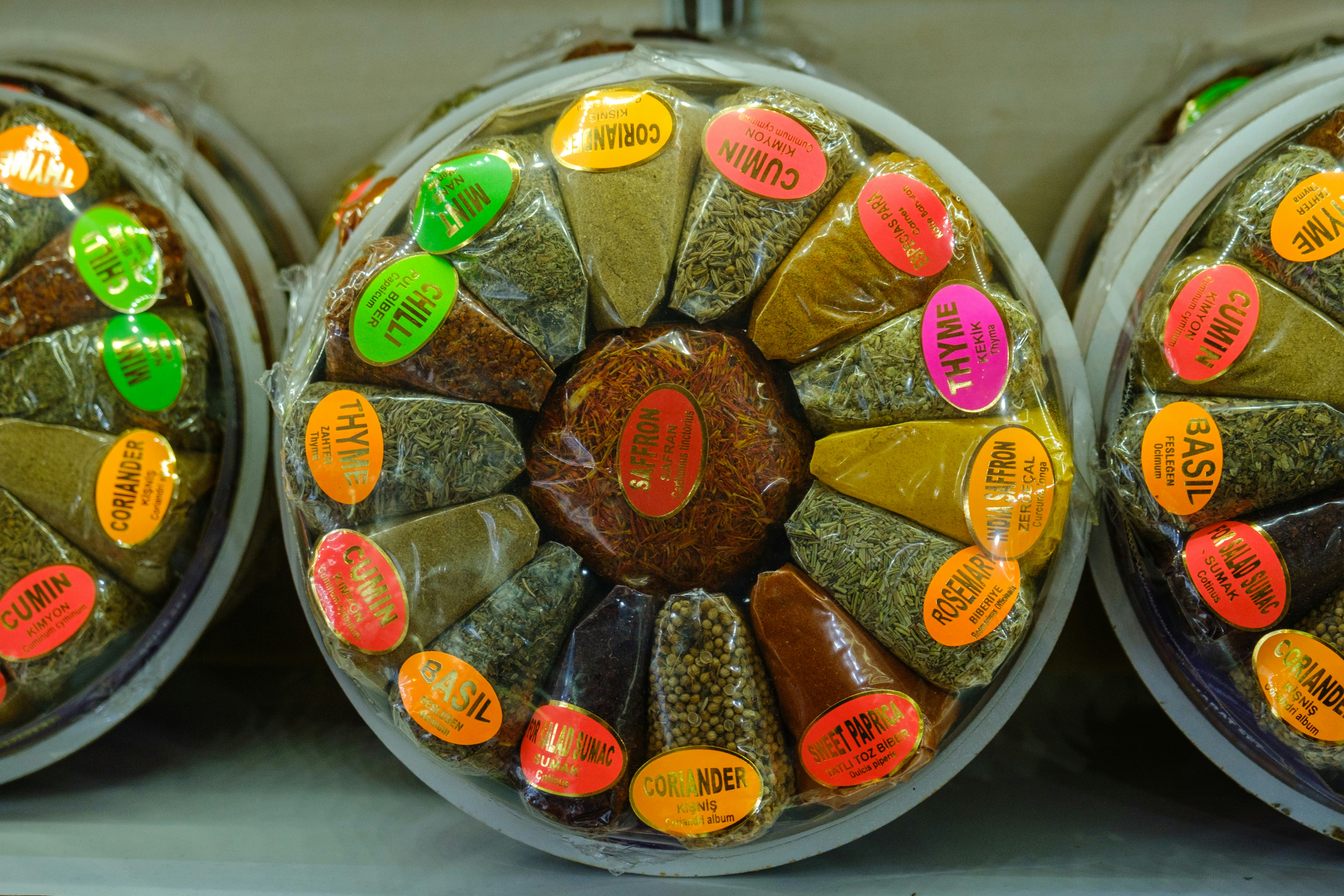 Colorful Spice Wheel in a Diagonal Grocery Shelf
