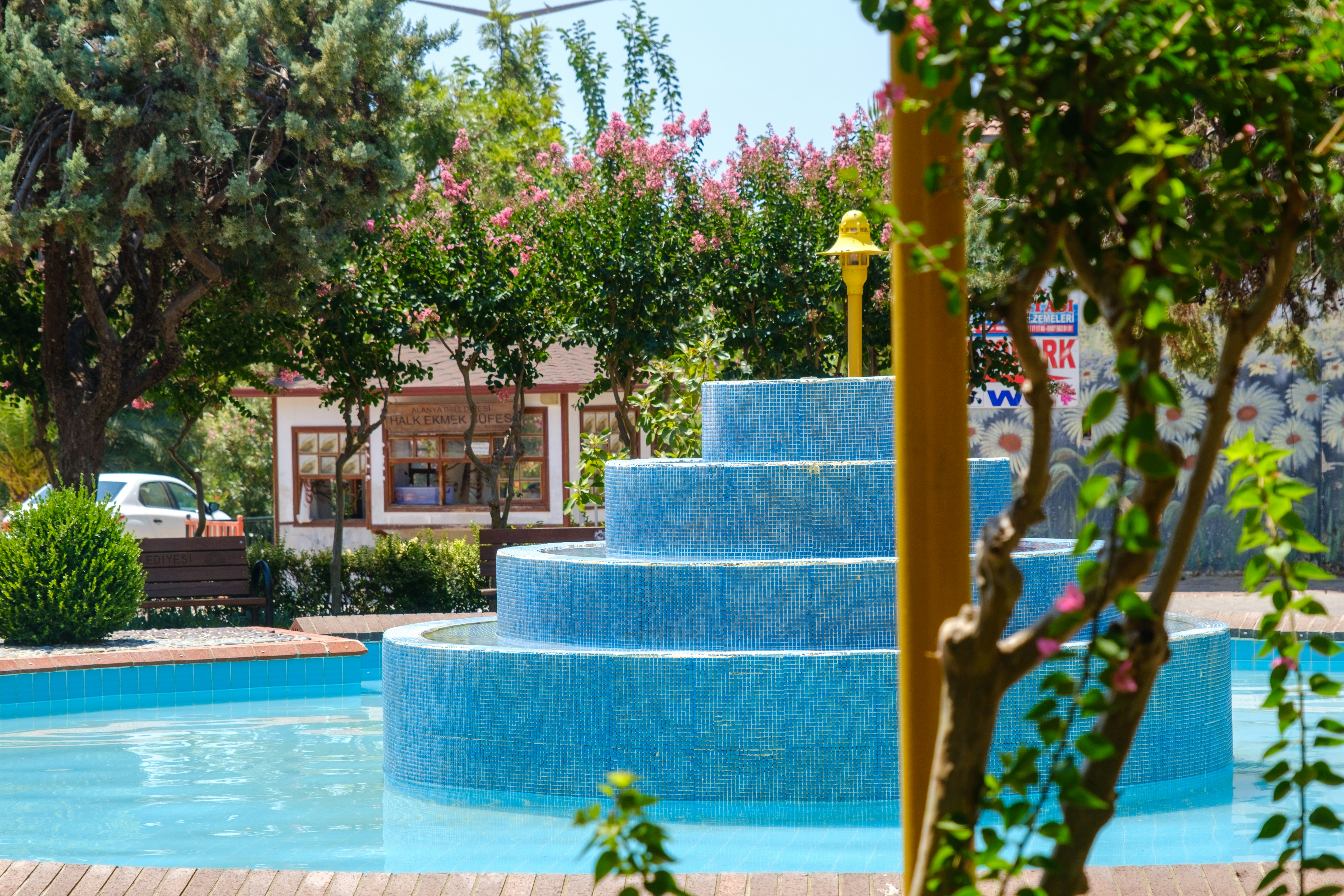 Blue Terrace Fountain Under Canopy