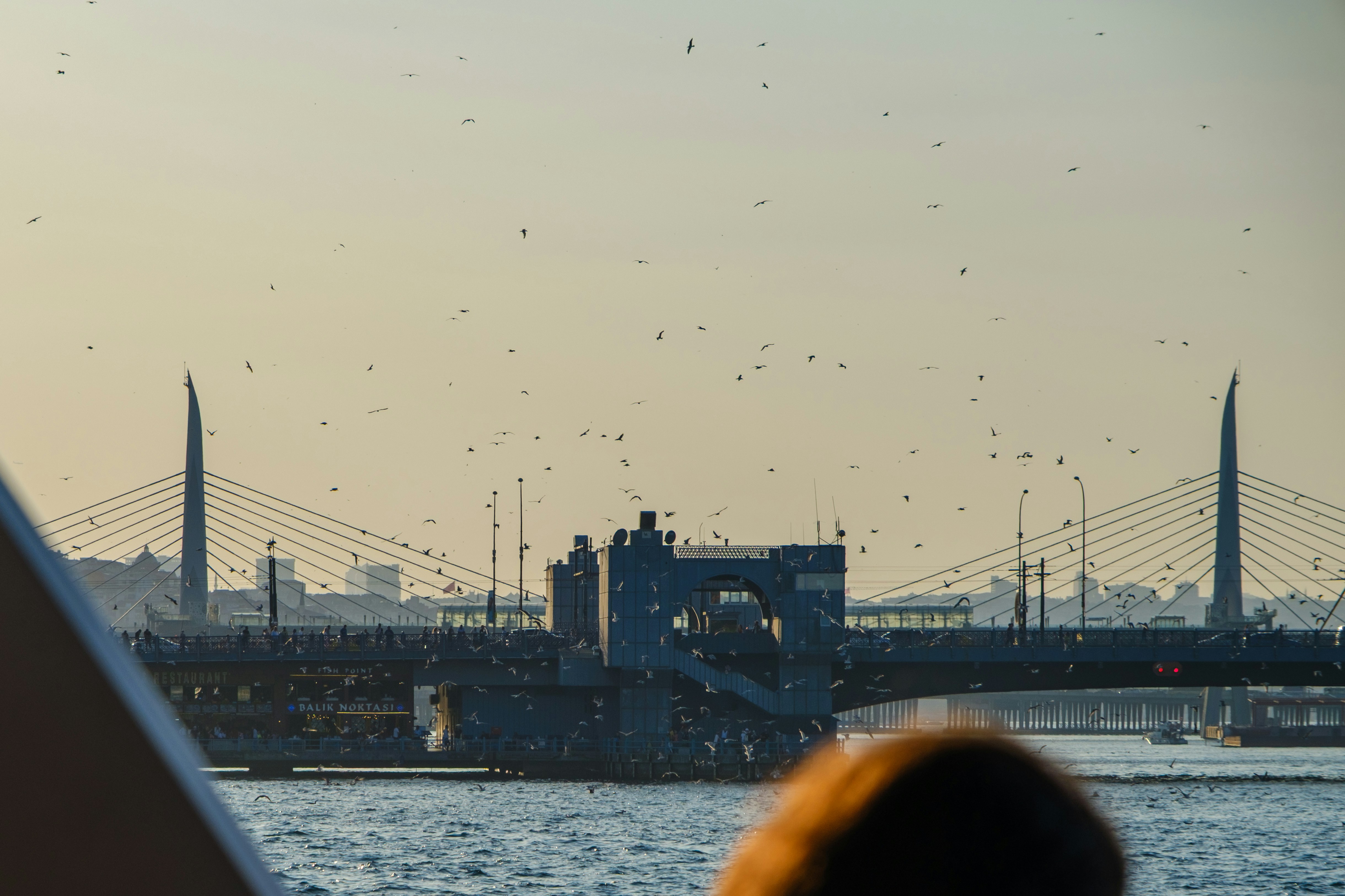 Urban Horizon: Bridge Silhouette at Dusk over a Quiet River