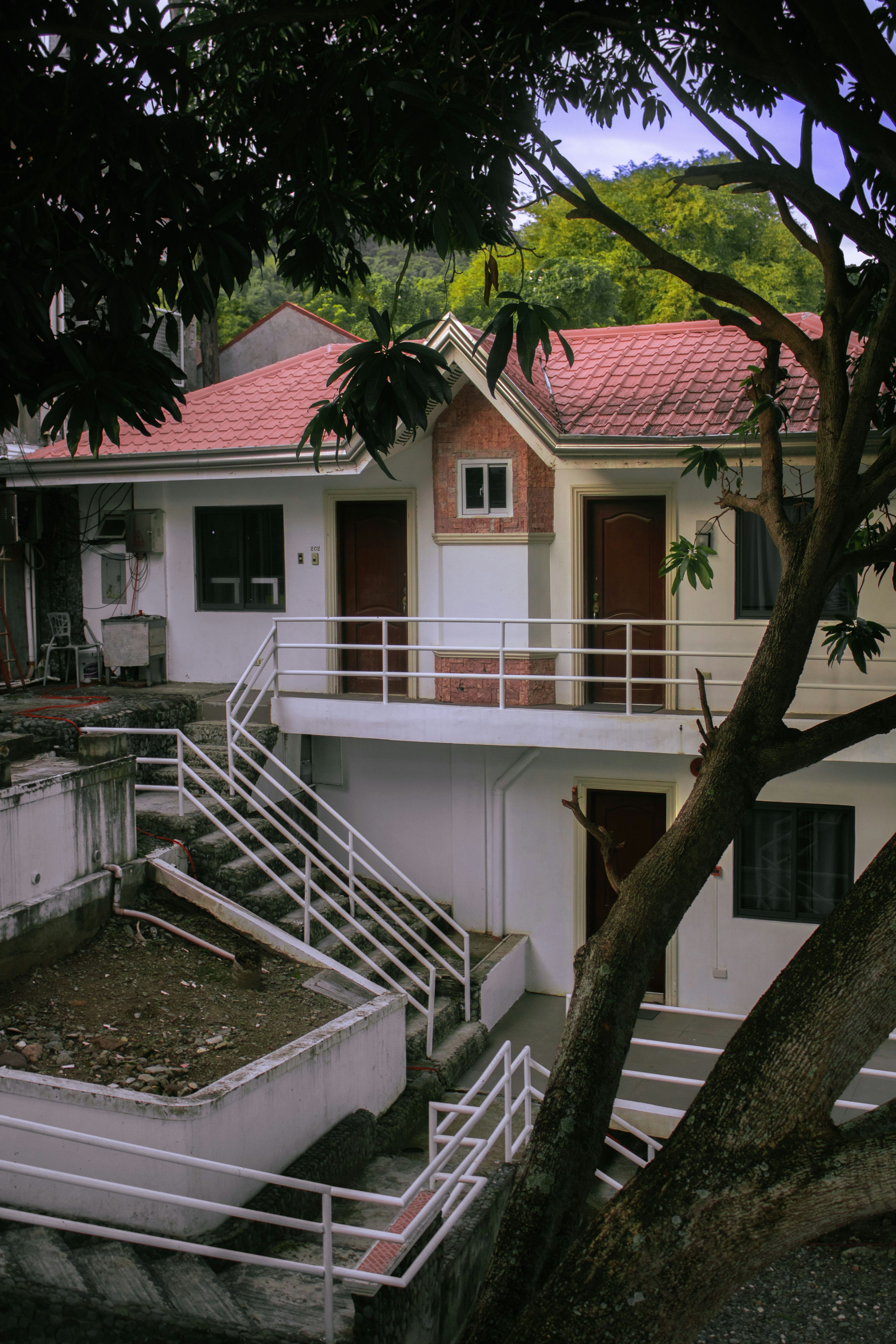 Terraced residence framed by a sloping tree and red-tiled roof