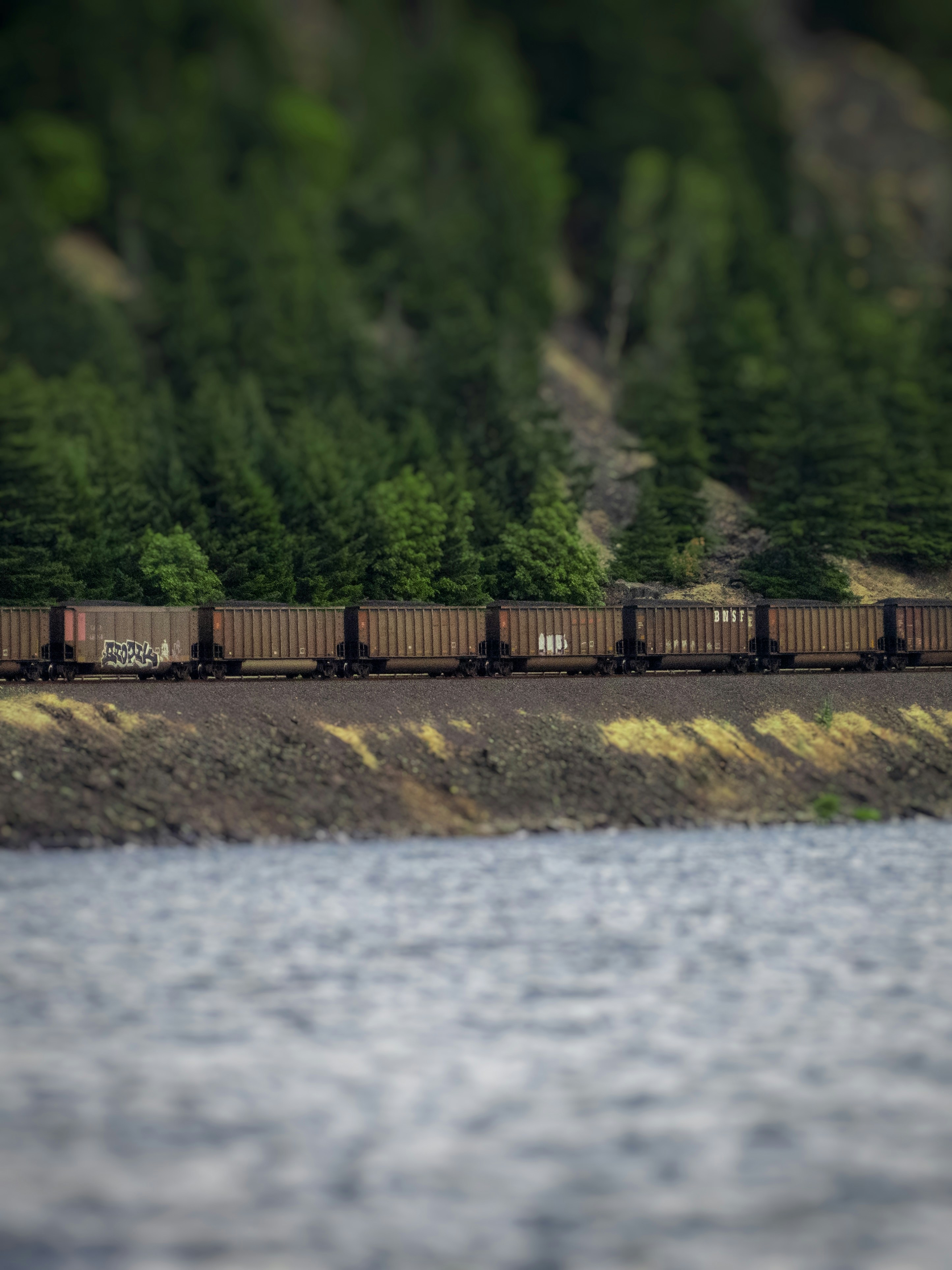 Long freight train along a rocky shoreline with forested hills in the background.