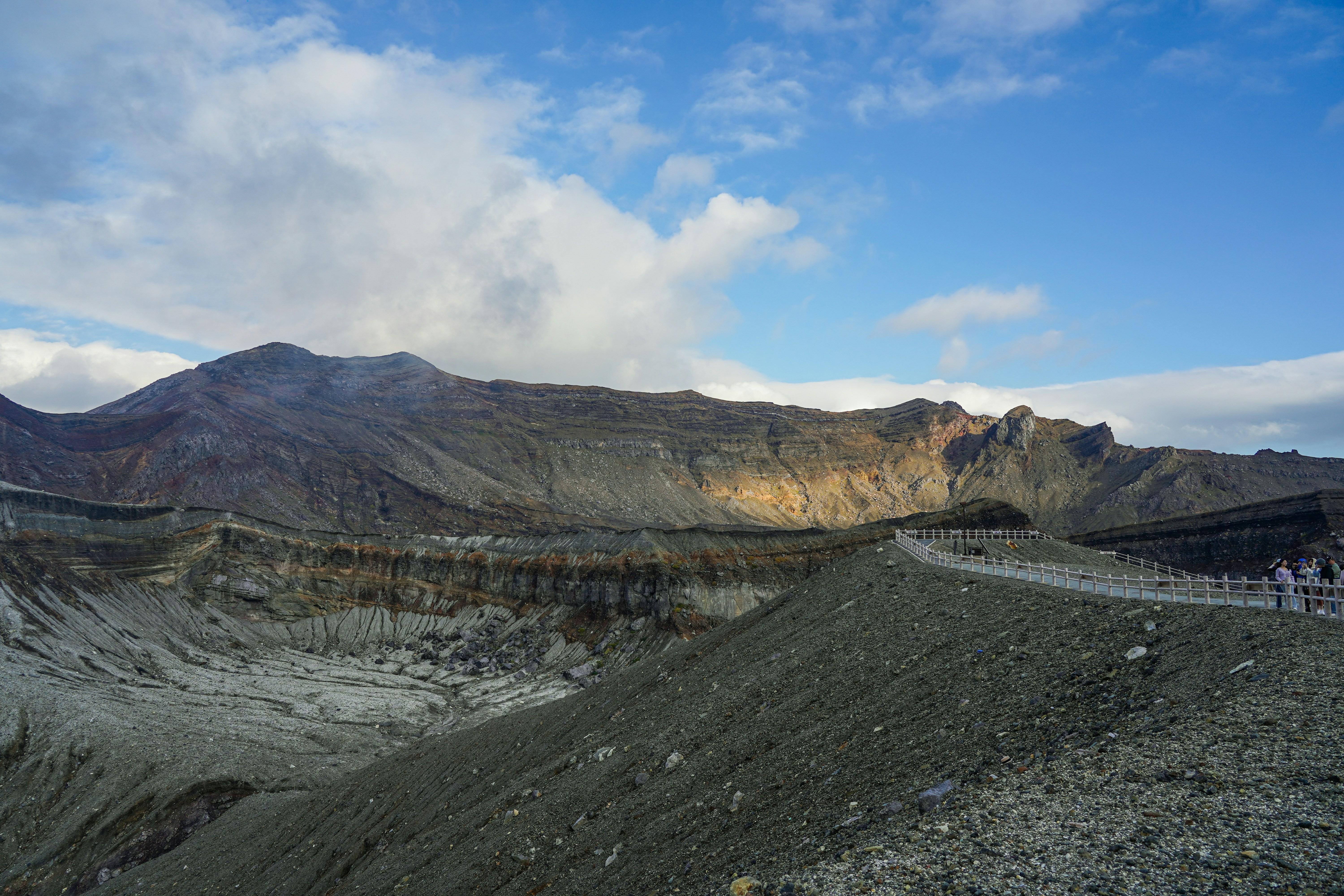 Visitors walk the safety boardwalk along the rim of Mount Nakadake, Aso's active crater, under a bright blue sky.