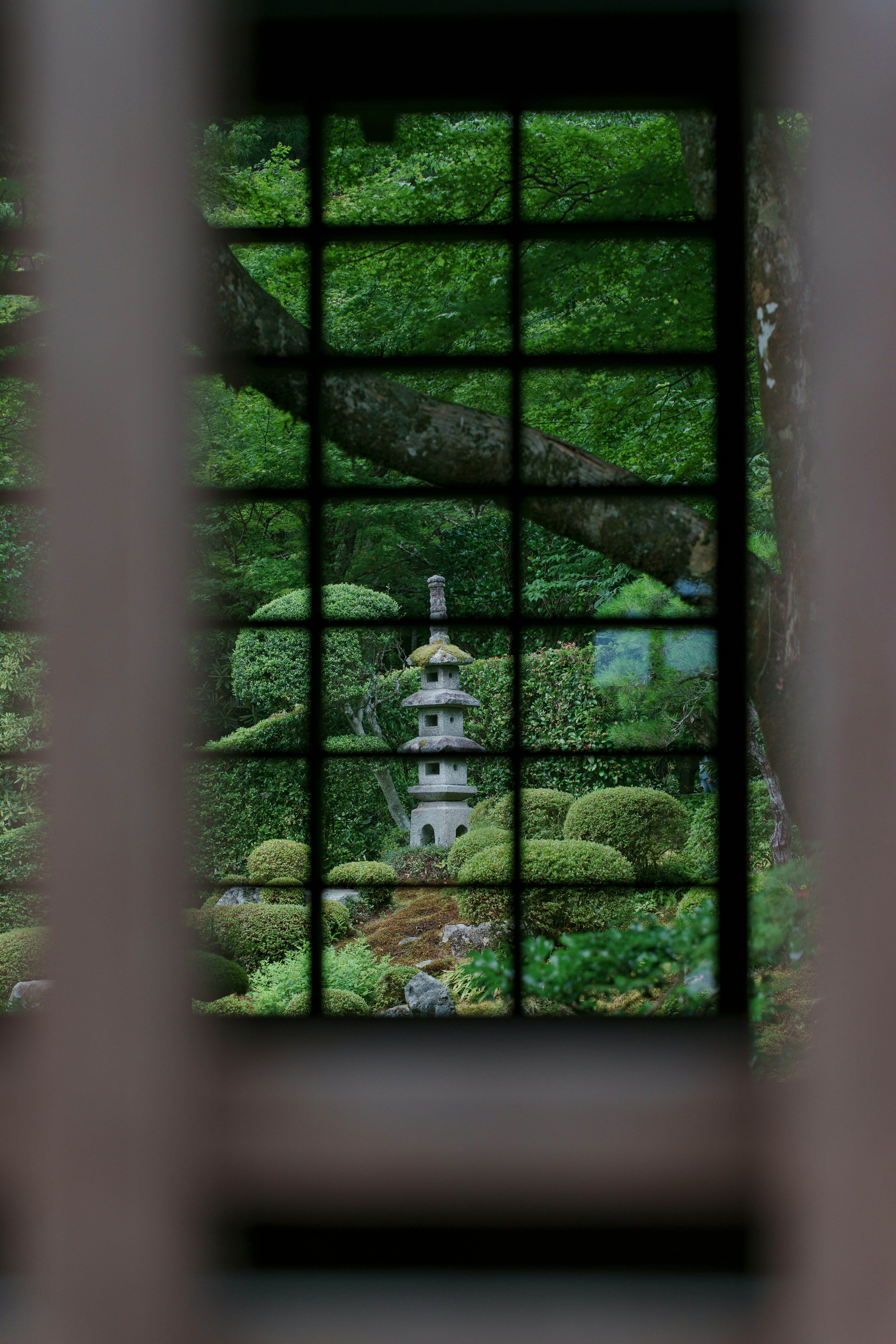 Through the Lattice: A Zen Garden Framed by Wooden Grains