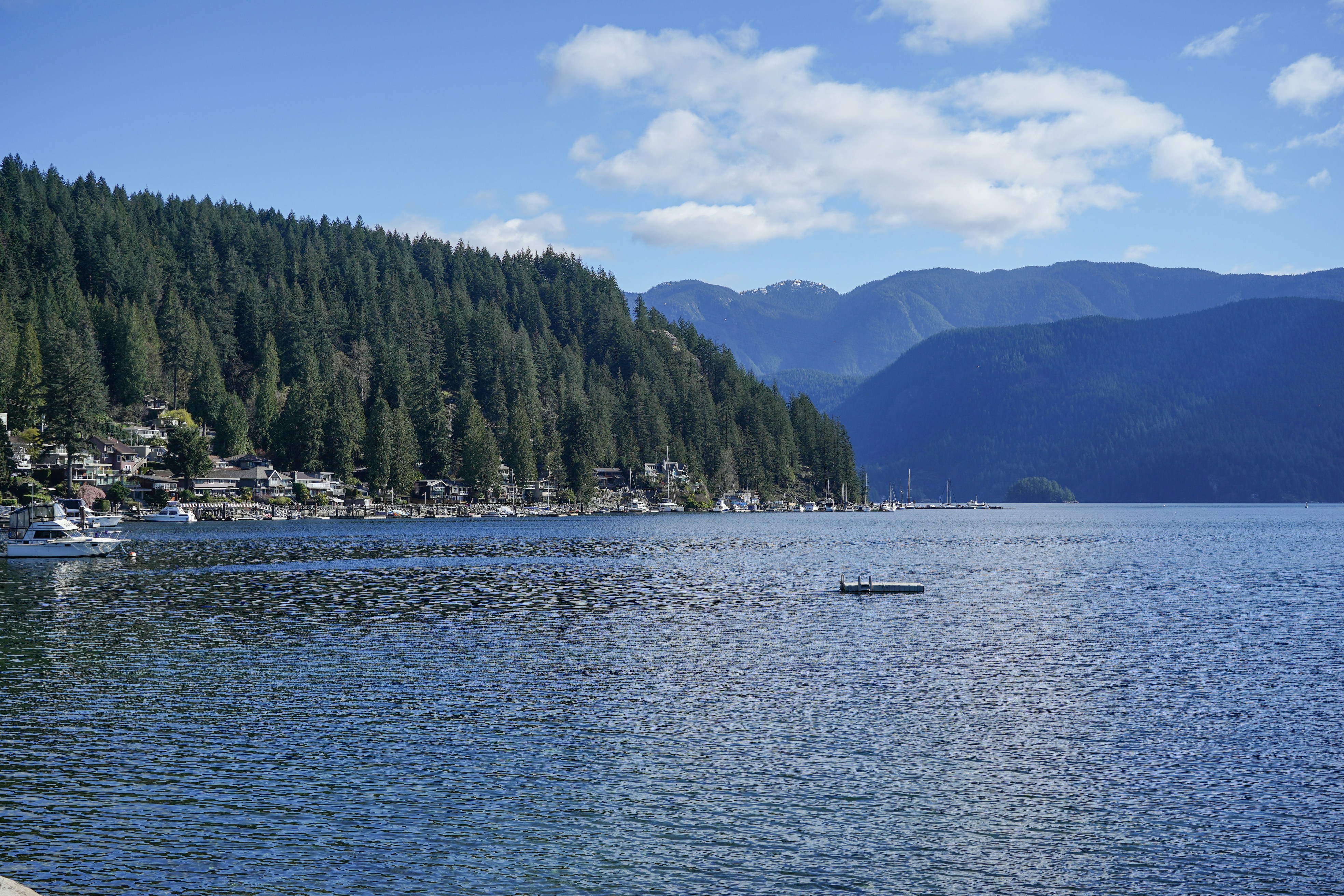 Lakeside Avenue: Boats, Trees, and Misty Peaks
