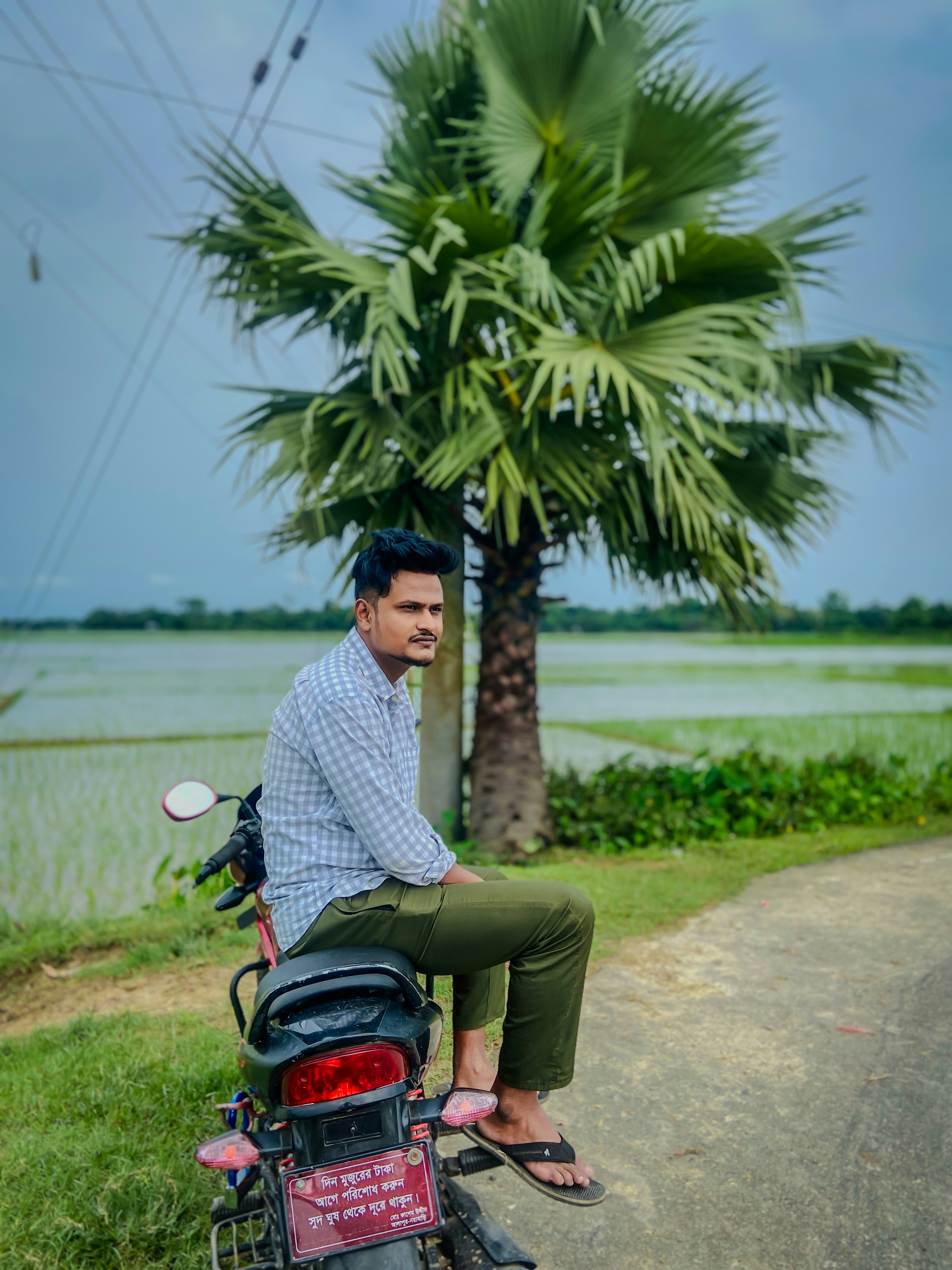 A man sits on a motorcycle beside a palm tree along a rural road with flooded fields in the background.