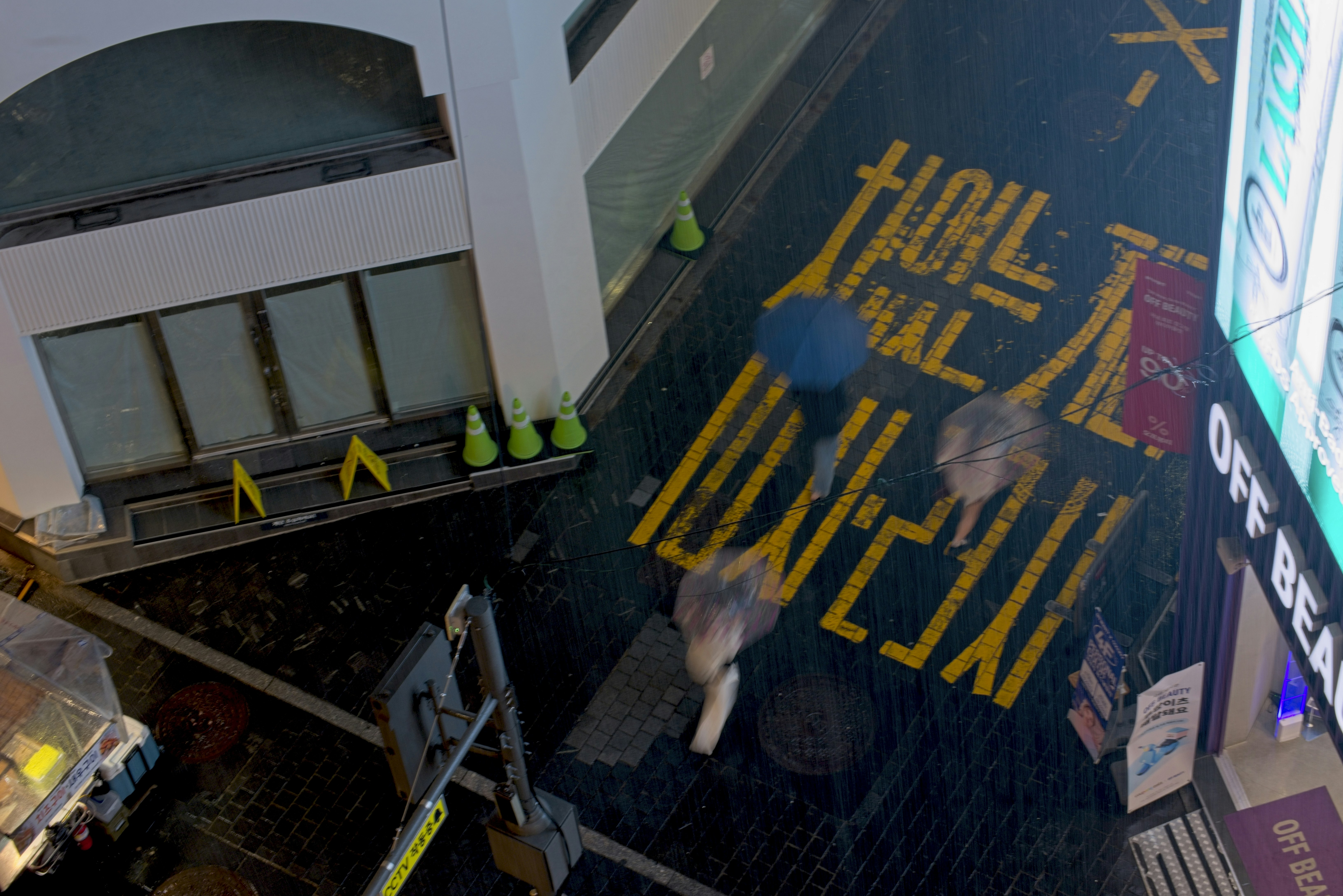 Aerial Night Crossing: Neon Words and Rain-Soaked Street
