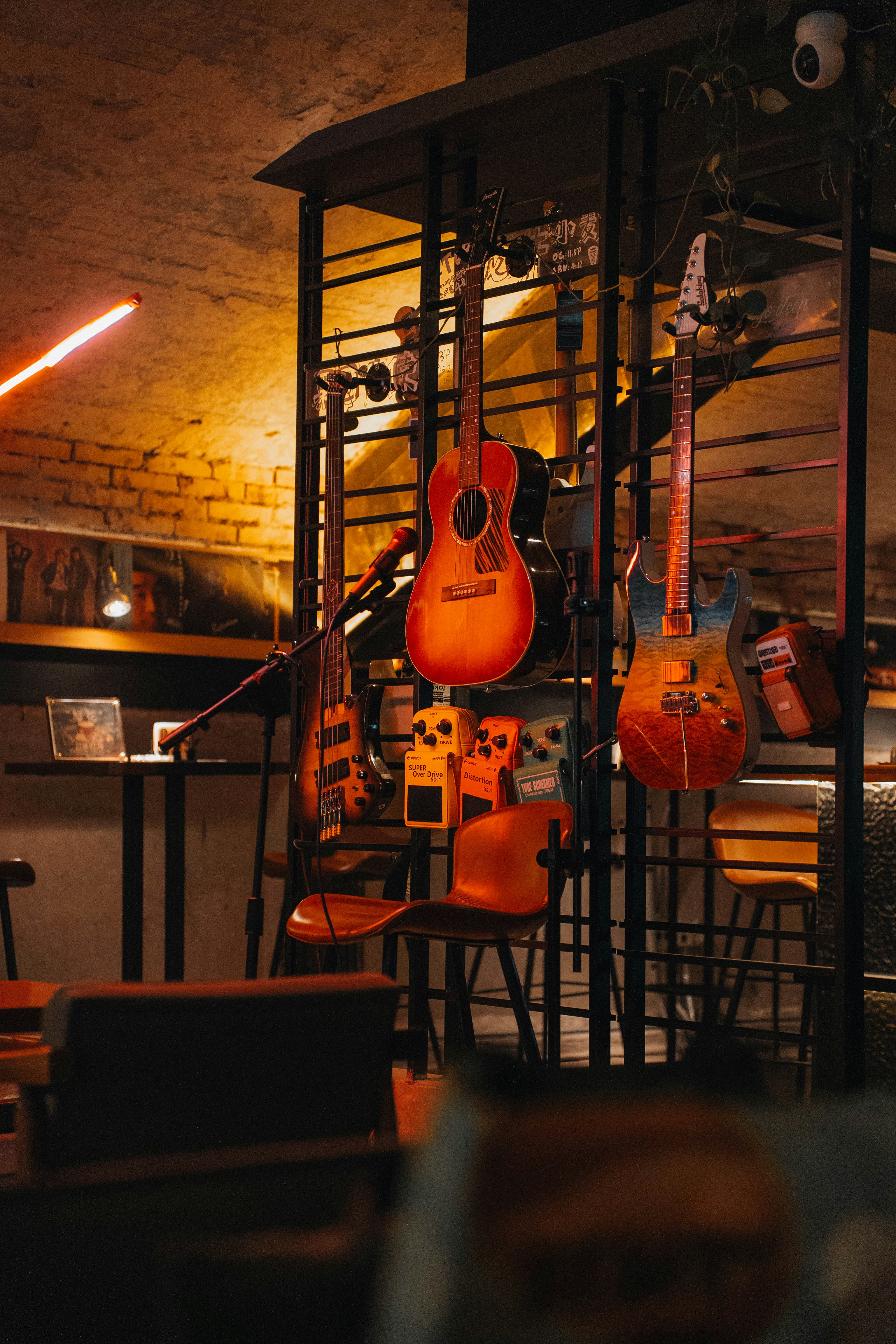 Guitars on Display: A Cozy Club Stage Teeming with Warm Strings