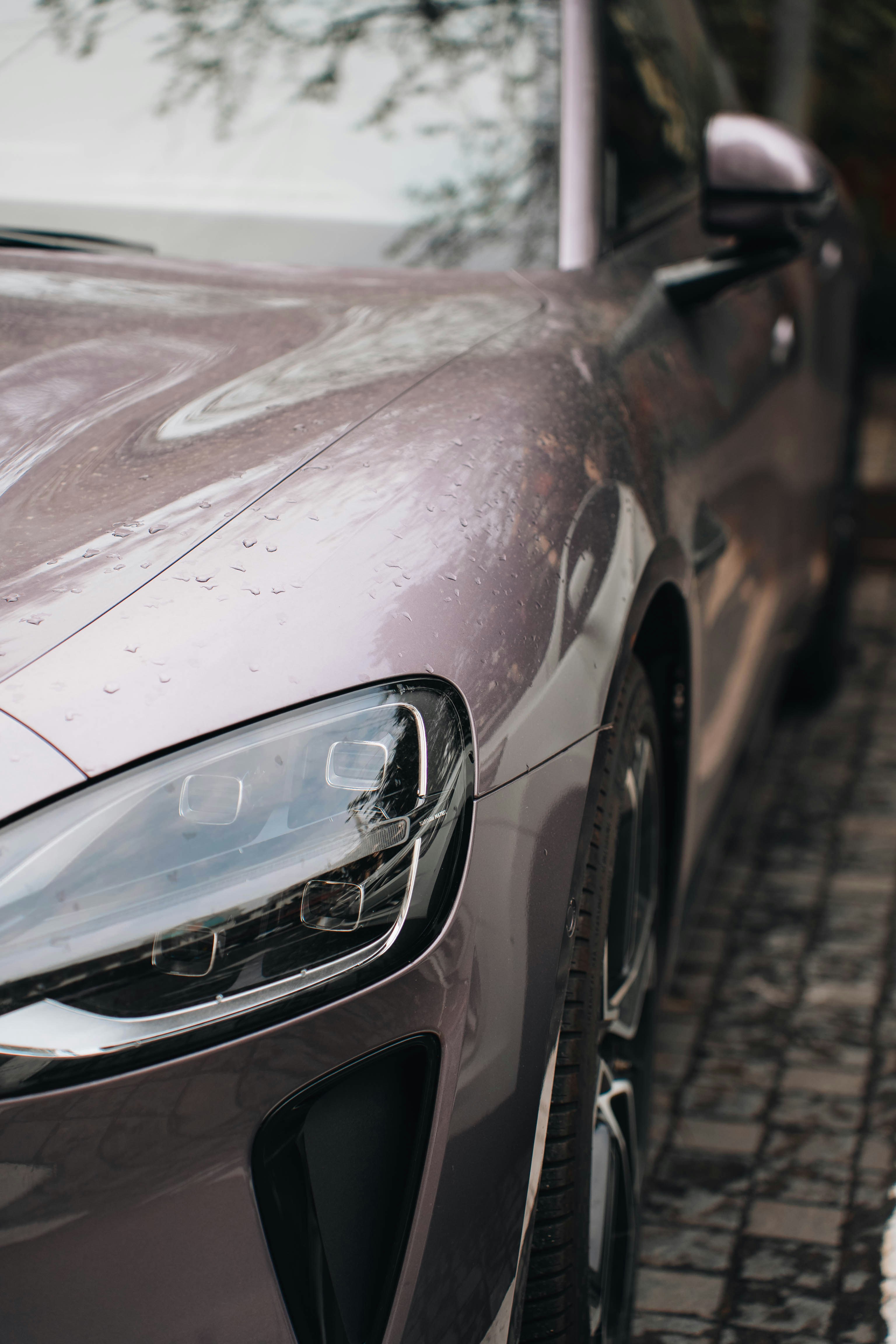 Close-up of a Rain-Slick purple car: headlight and front fender in focus