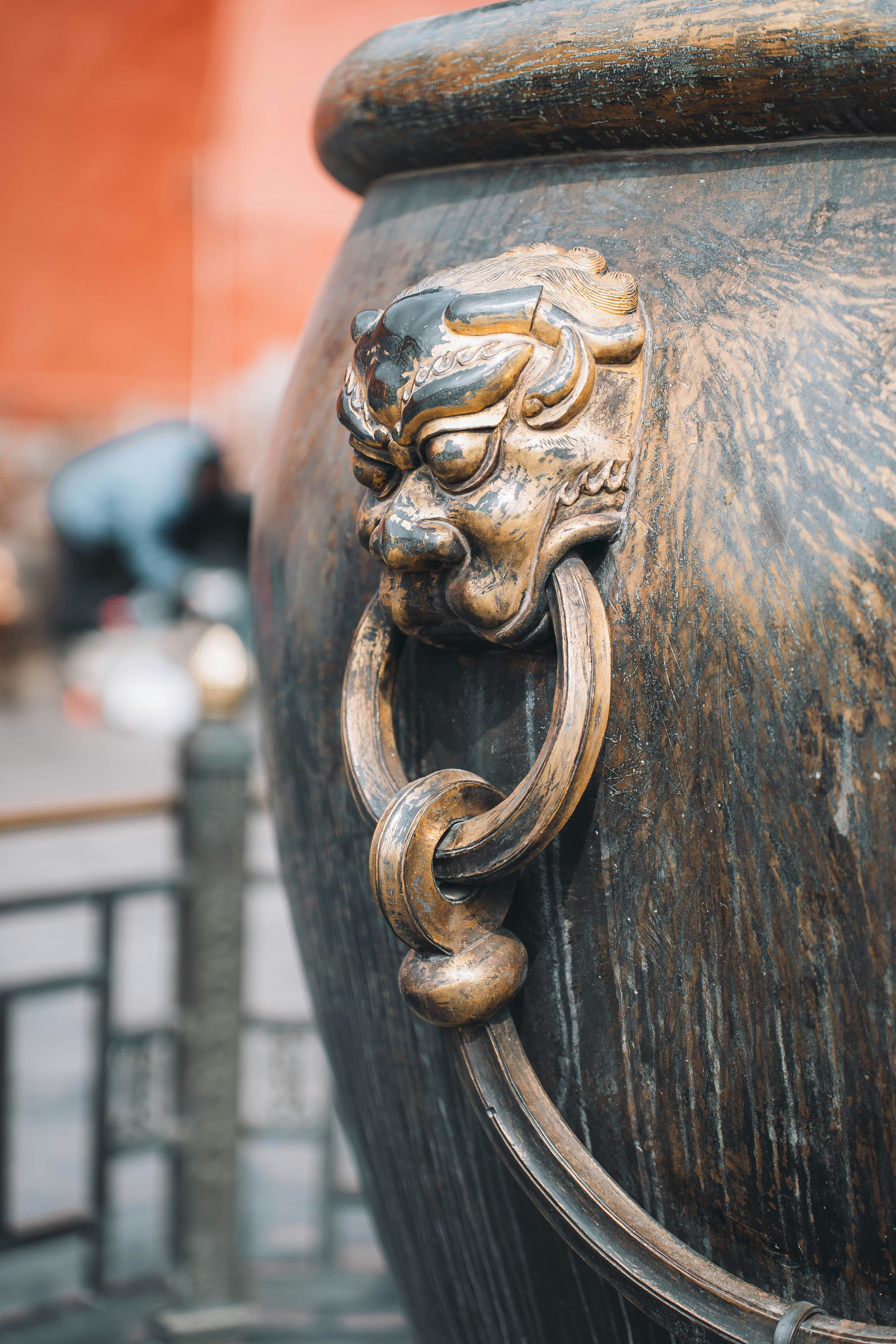 Guardian of the Vessel: A Weathered Lion’s Ring on a Rimmed Urn