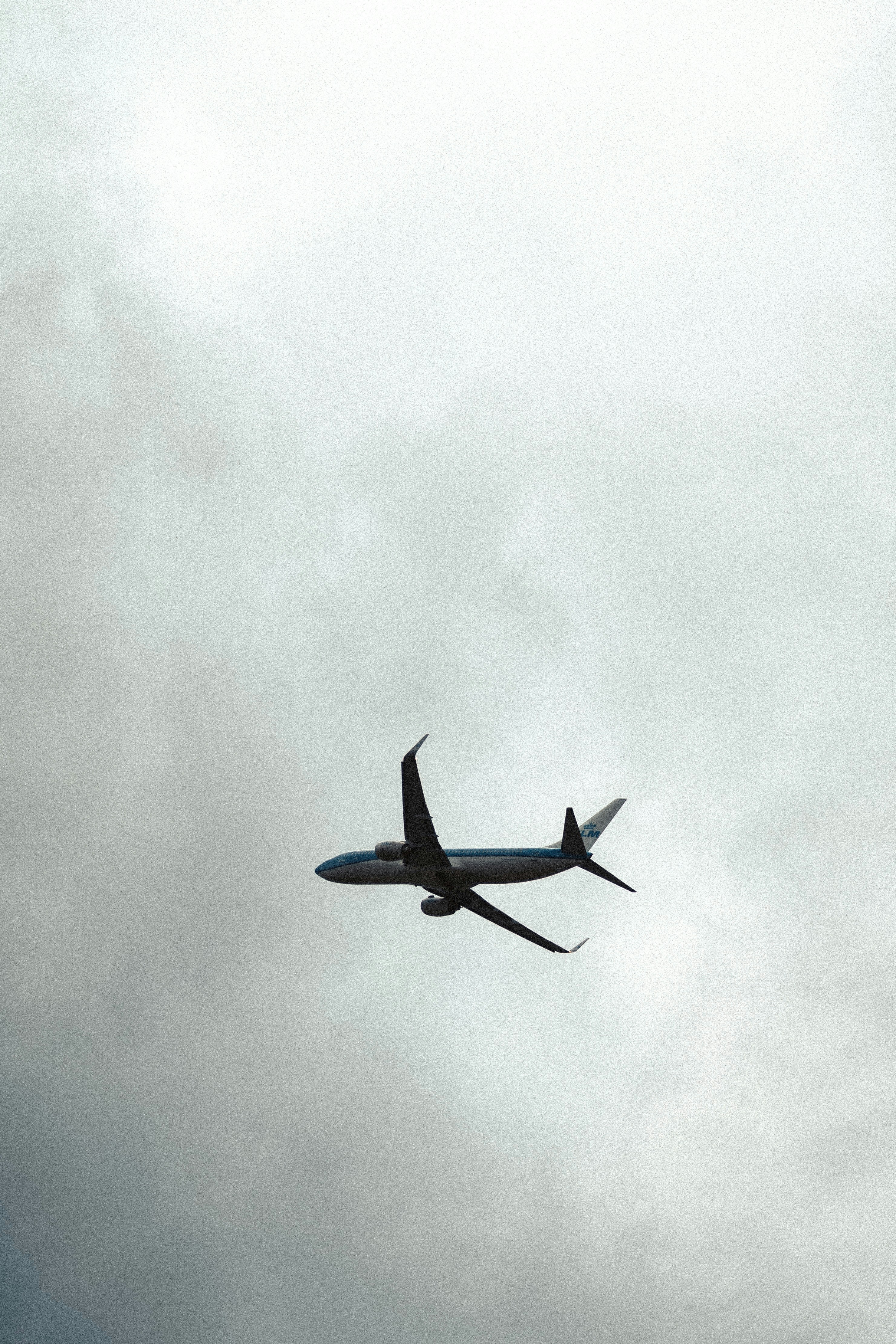 Midflight silhouette: a lone jet slices through overcast skies