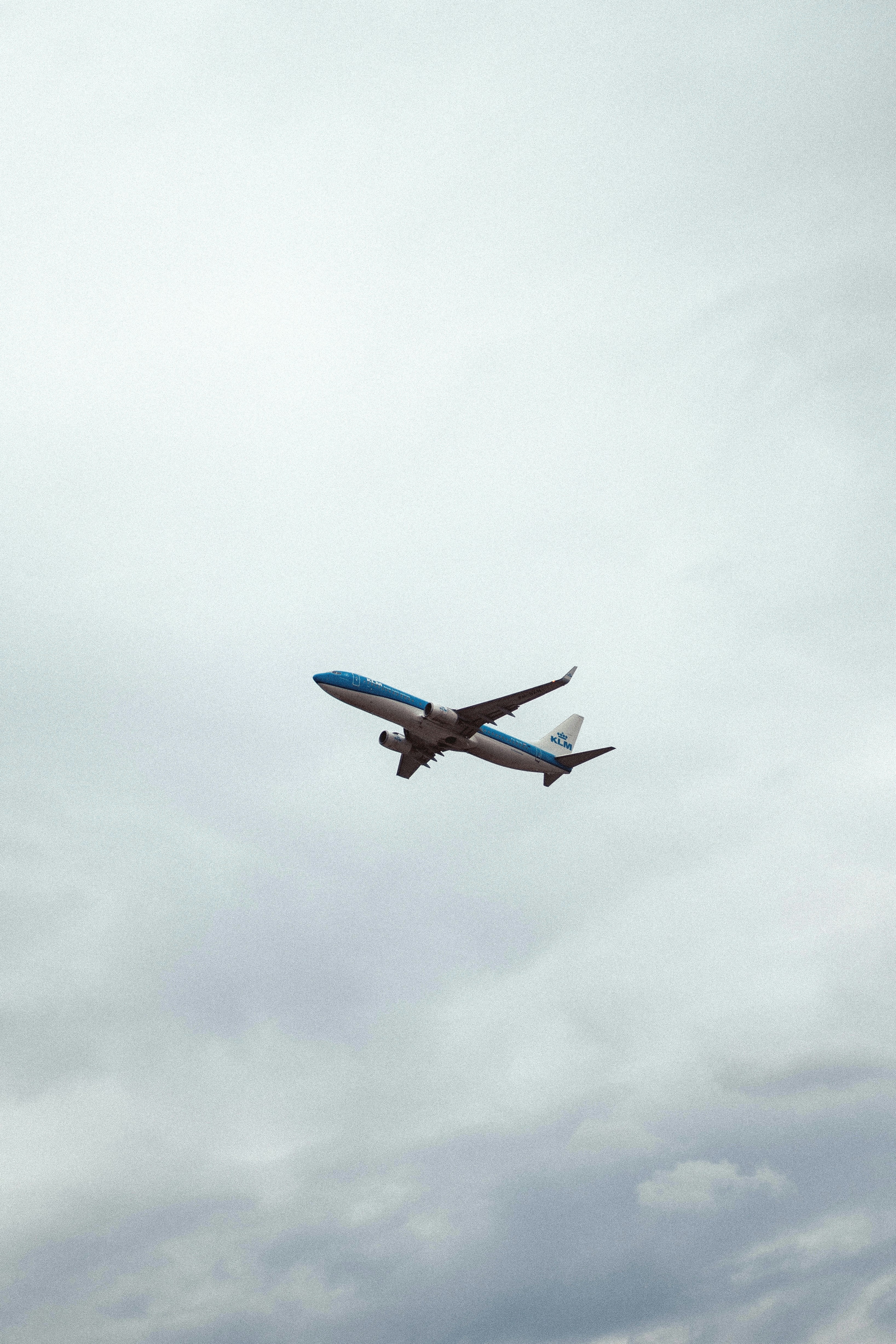 Soaring Touchdown: A Blue-and-White Passenger Jet Rises Through Quiet Skies