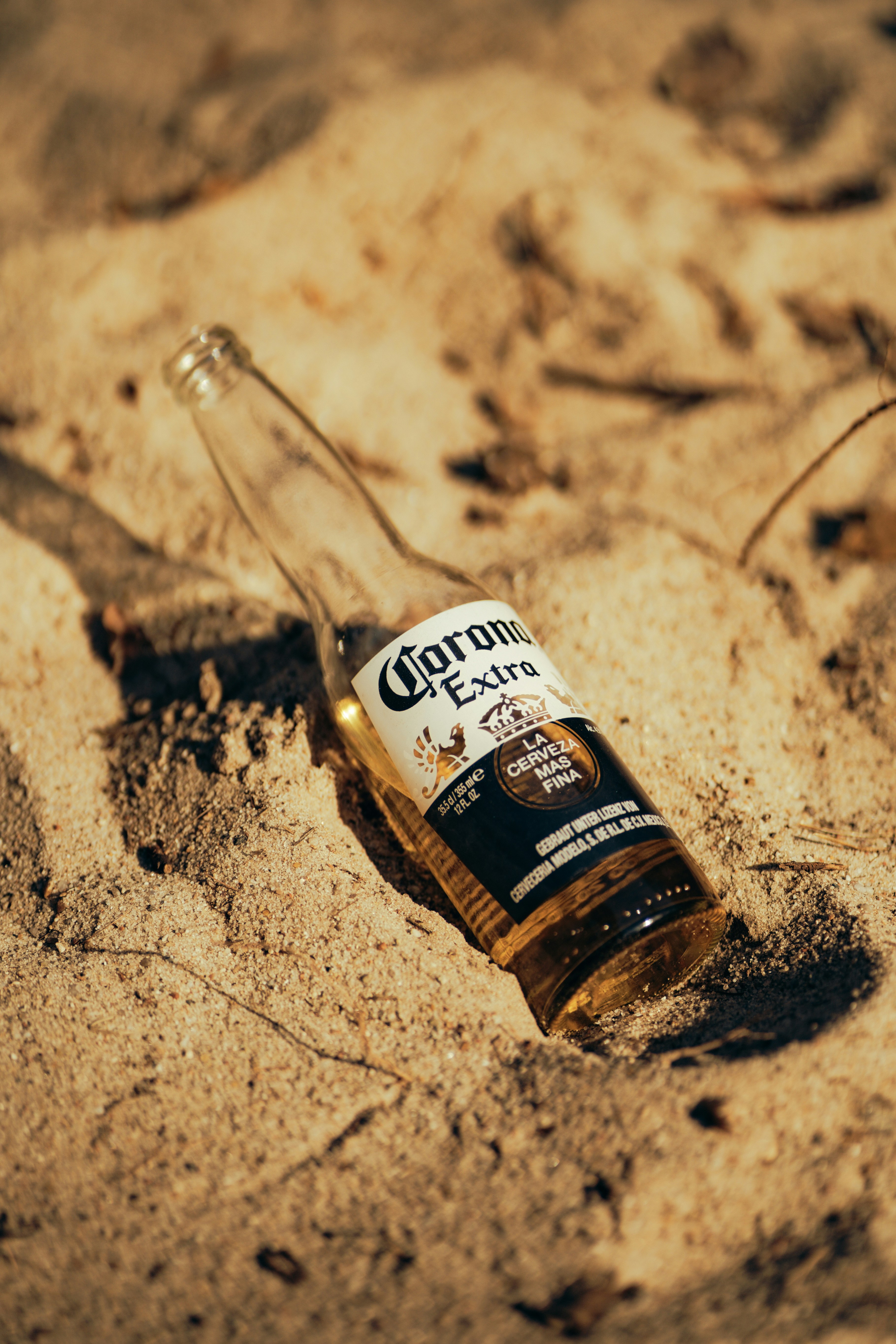 Corona on the Sand: A Dim Barley Bottle Carved in Beach Light