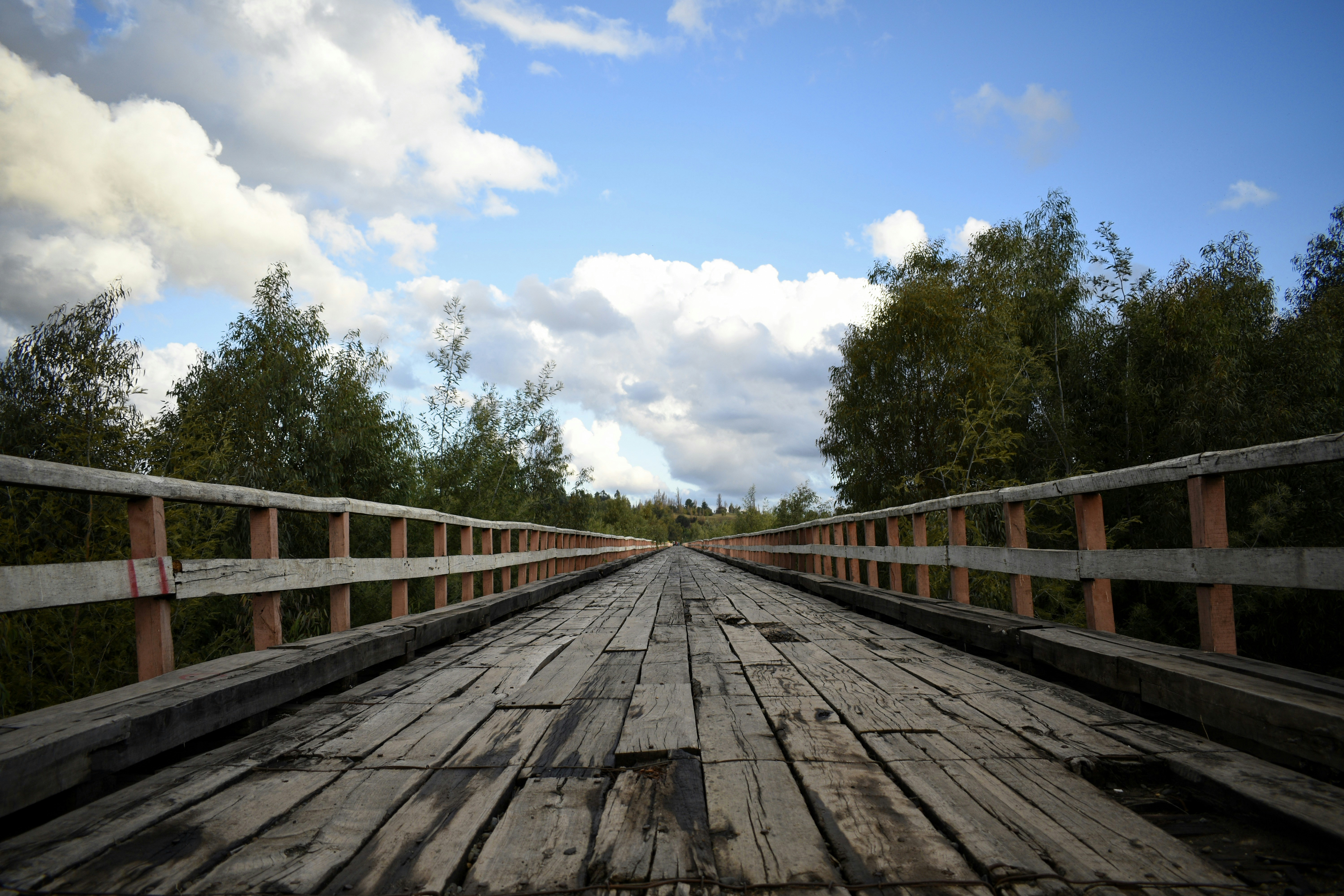 Worn Wooden Bridge Reaching Toward a Sky-Soaked Horizon