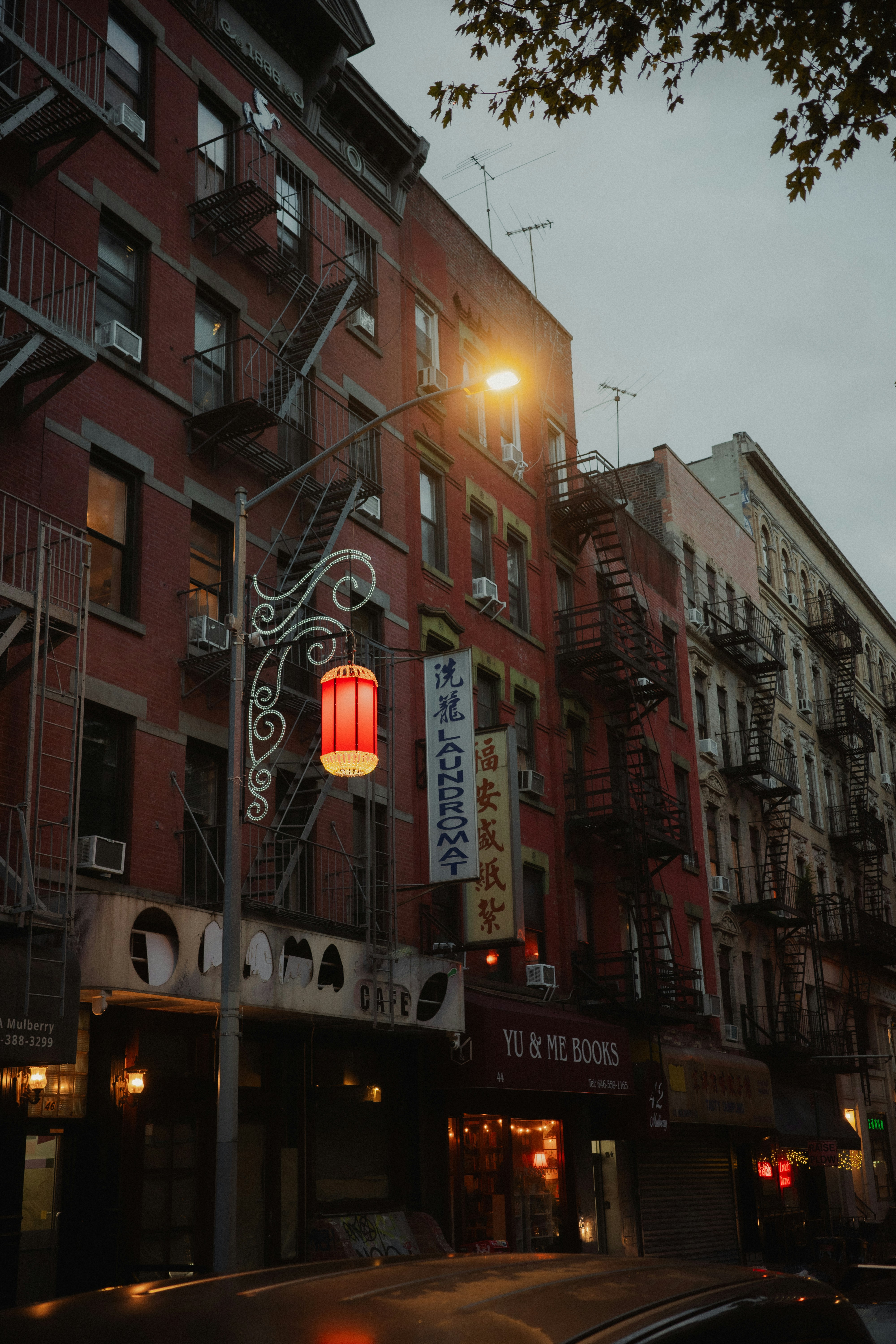Red Lantern on a Quiet Street in Chinatown Evening