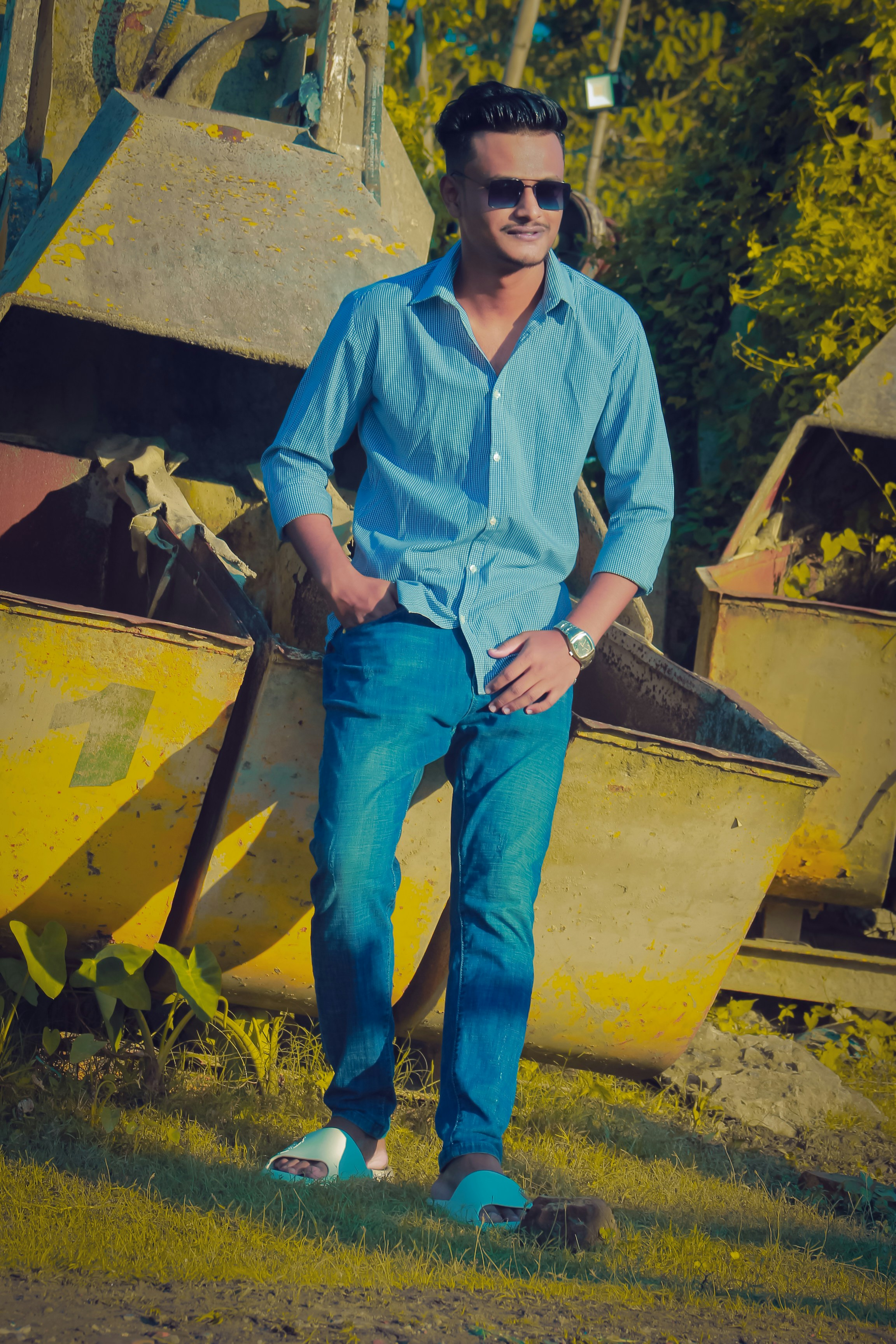 Blue-Buttoned Confidence at the Yard of Rust and Light
