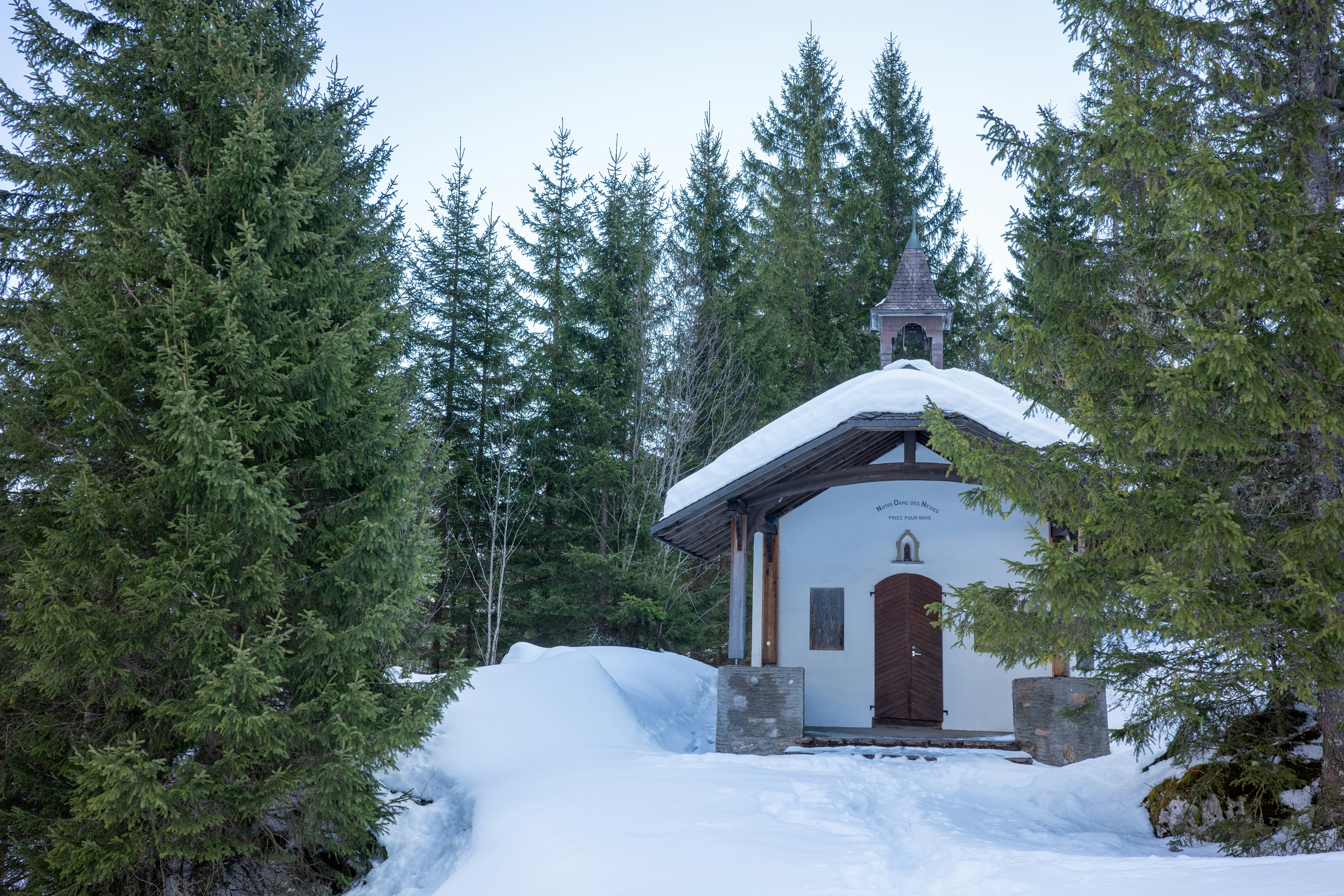 Snowbound Chapel Emerges Between Evergreen Sentinels