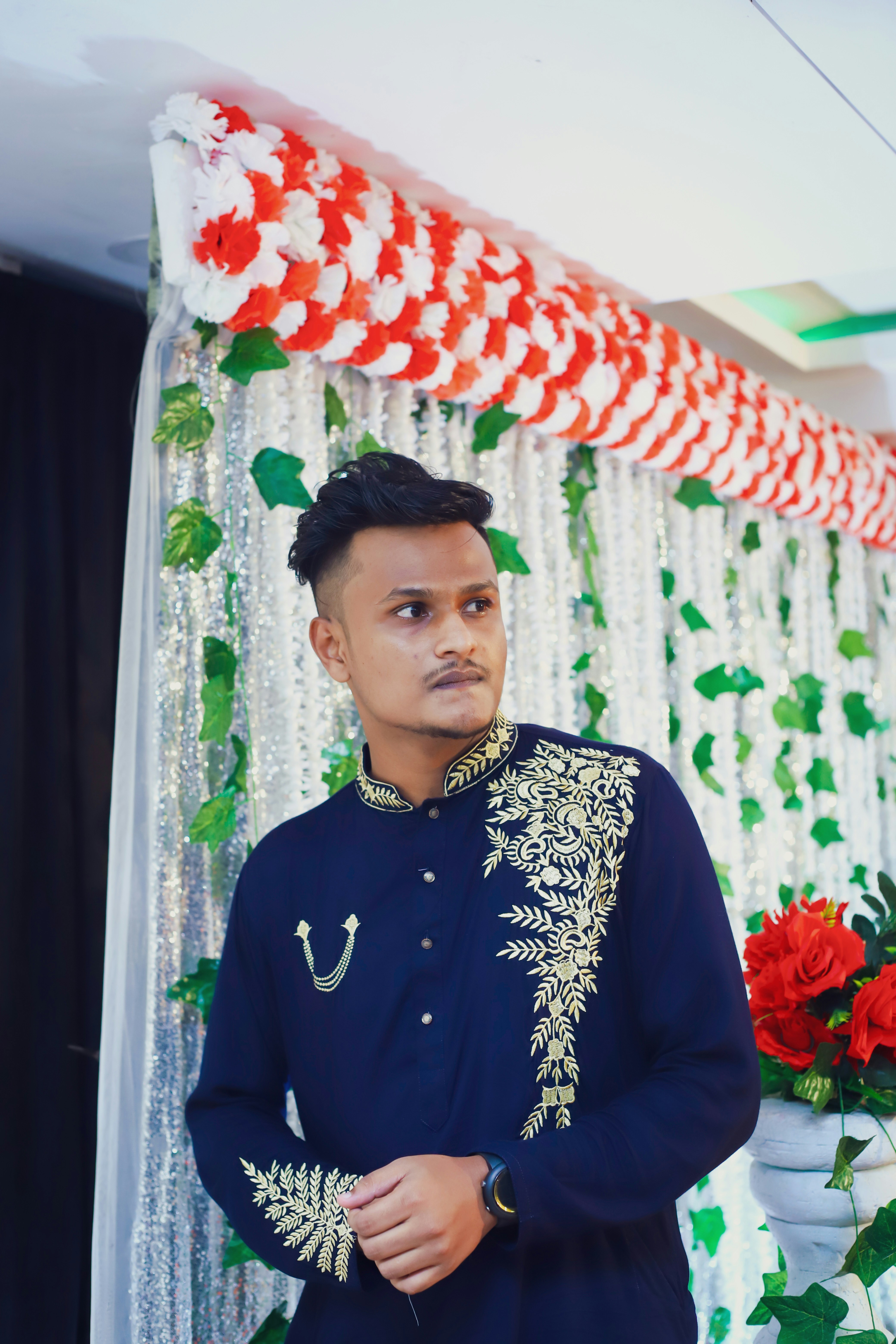 Embroidered Confidence under Floral Canopy