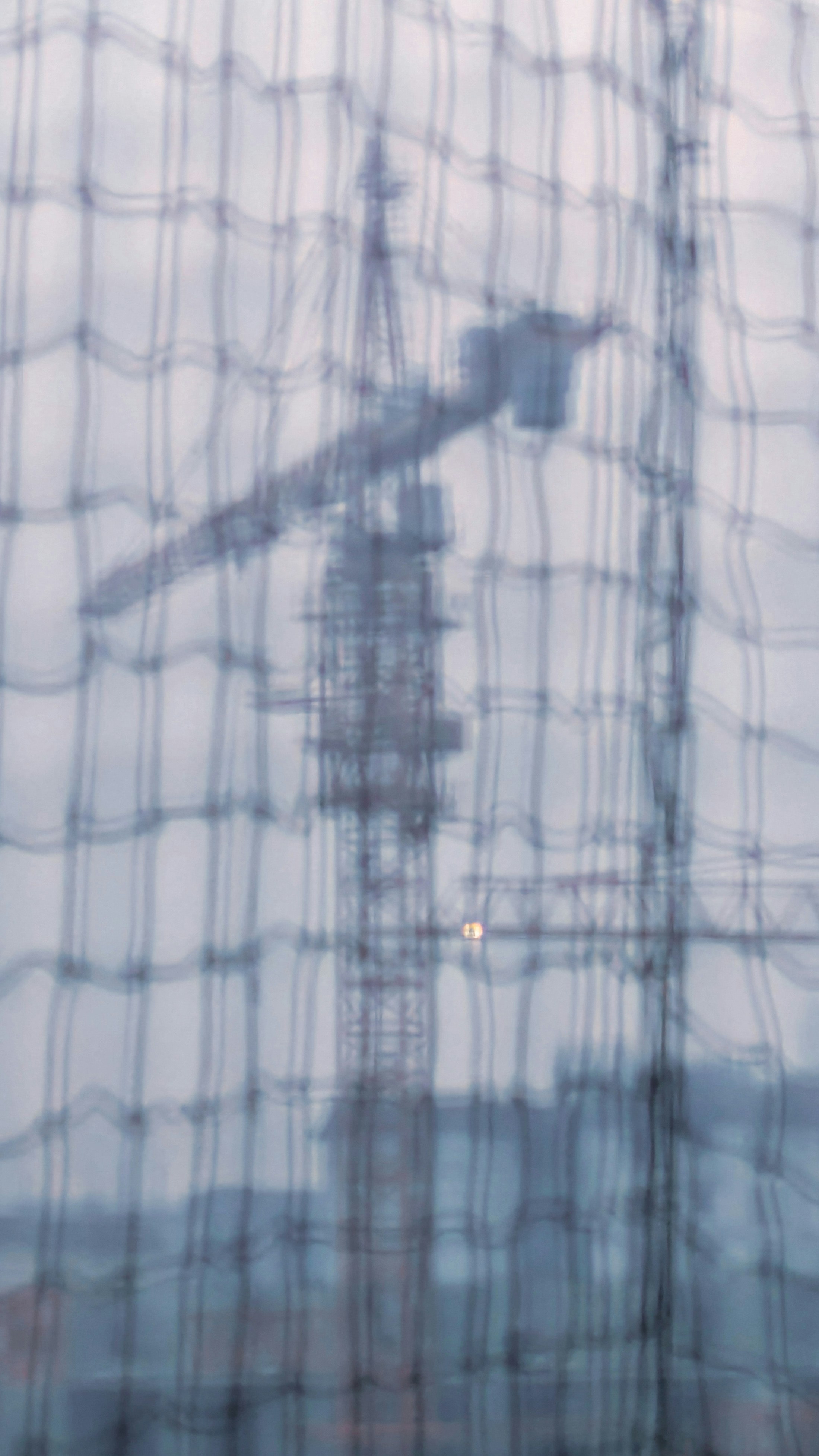 Crane Silhouette Behind a Woven Mesh at Dusk