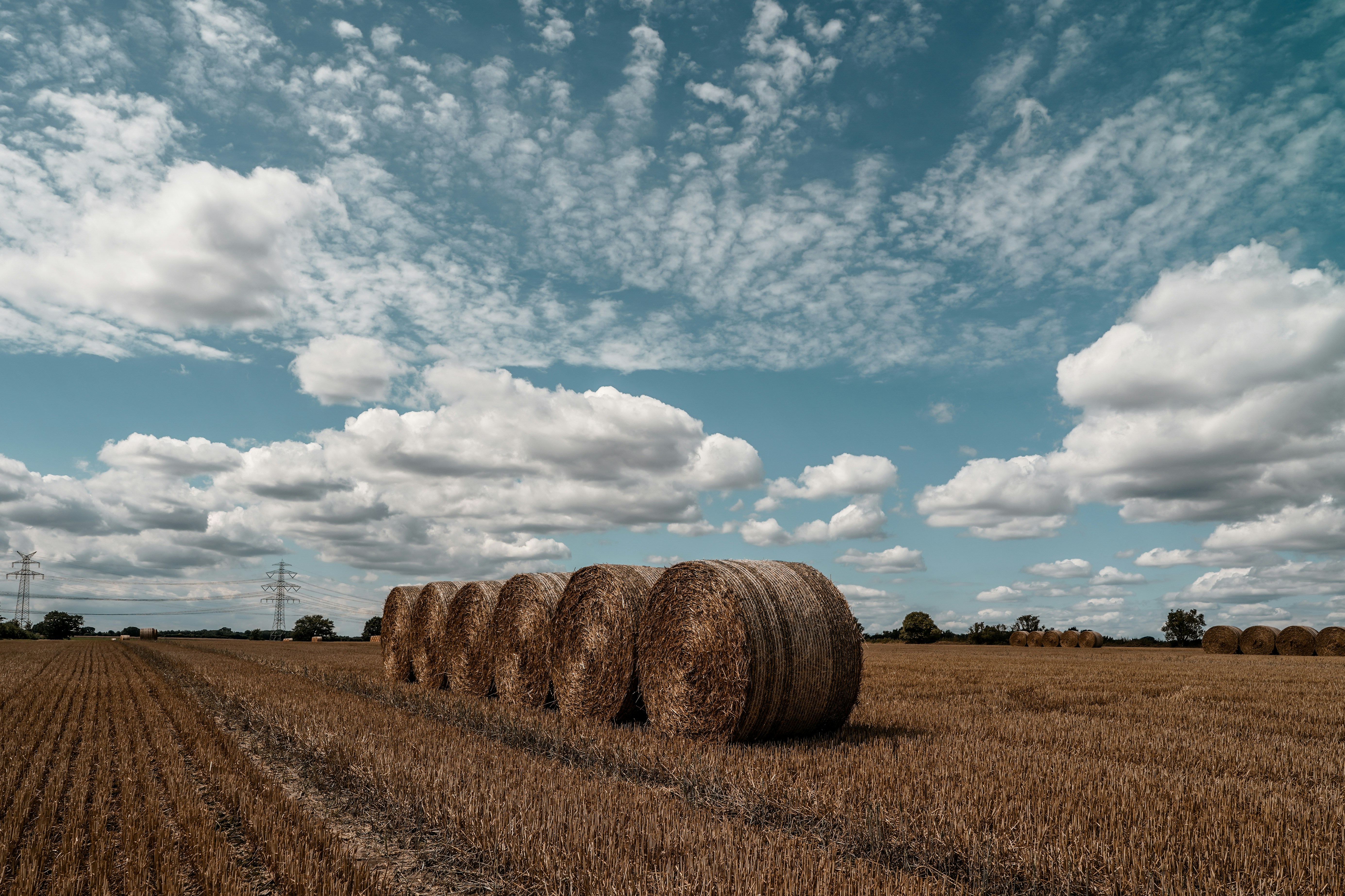 Stacked Hay Bales Under a Expansive Sky